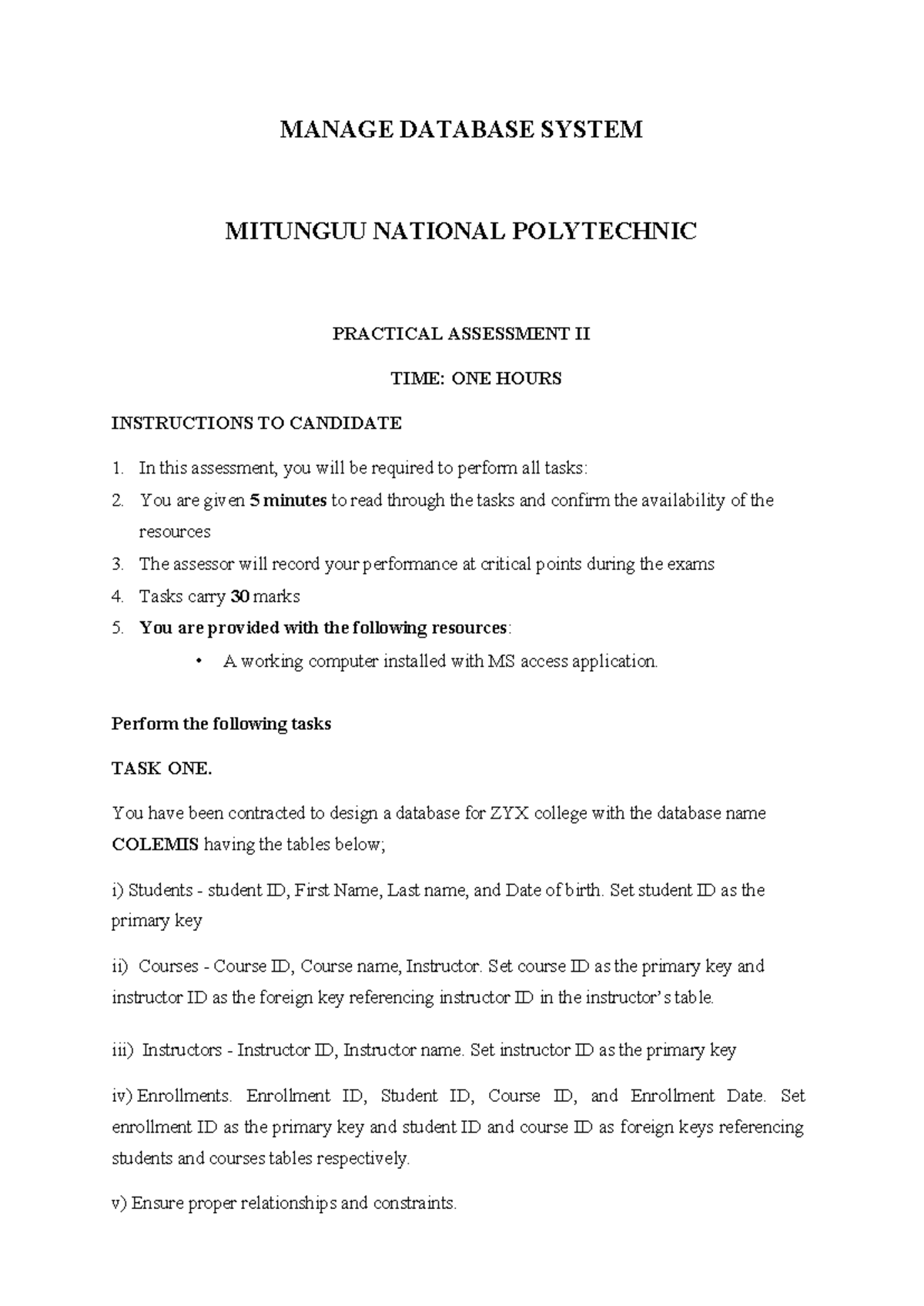 MANAGE DATABASE SYSTEM - PRACTICAL ASSESSMENT II (MITUNGUU POLYTECHNIC ...