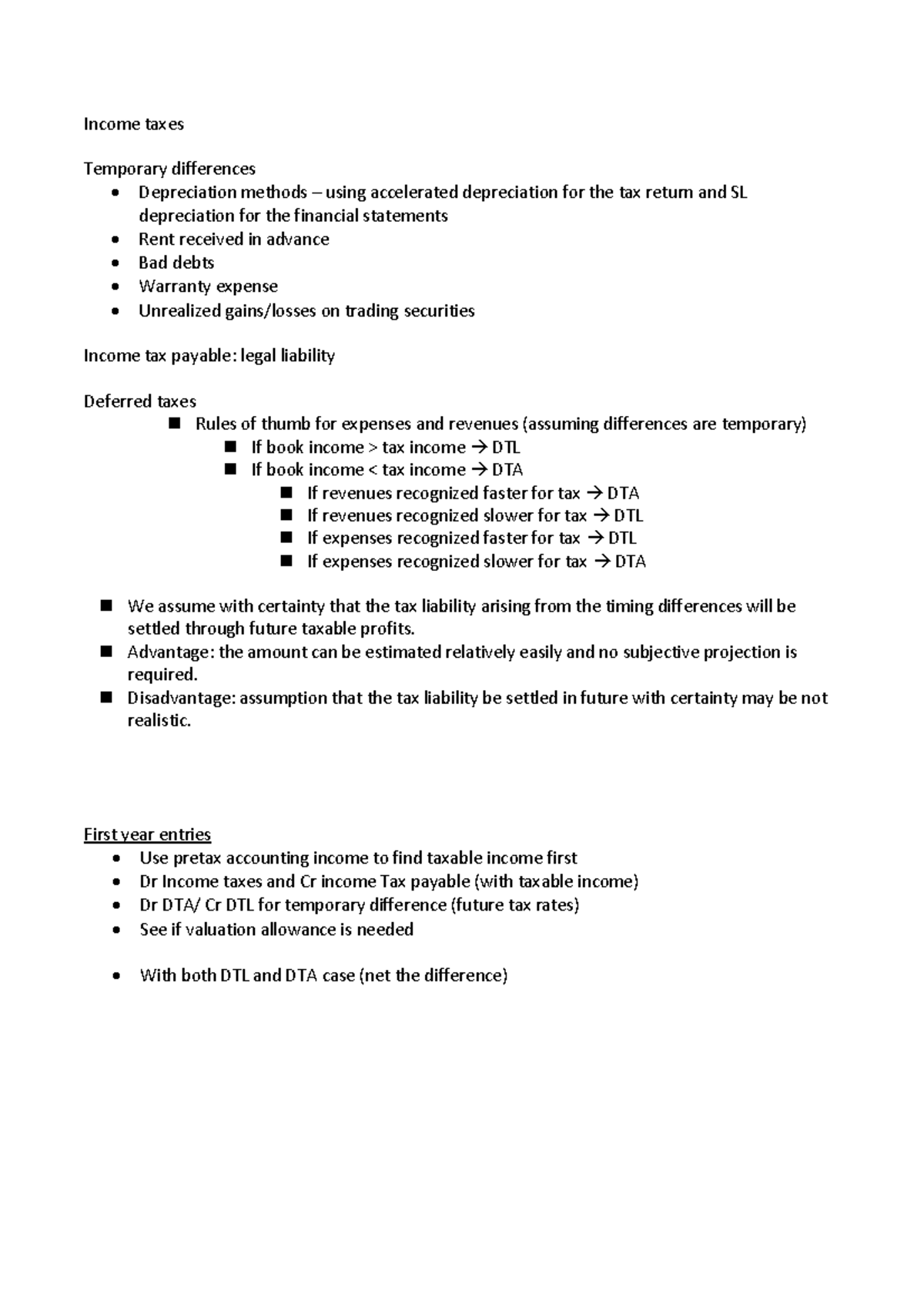 Final exam notes - Income taxes Temporary differences Depreciation ...