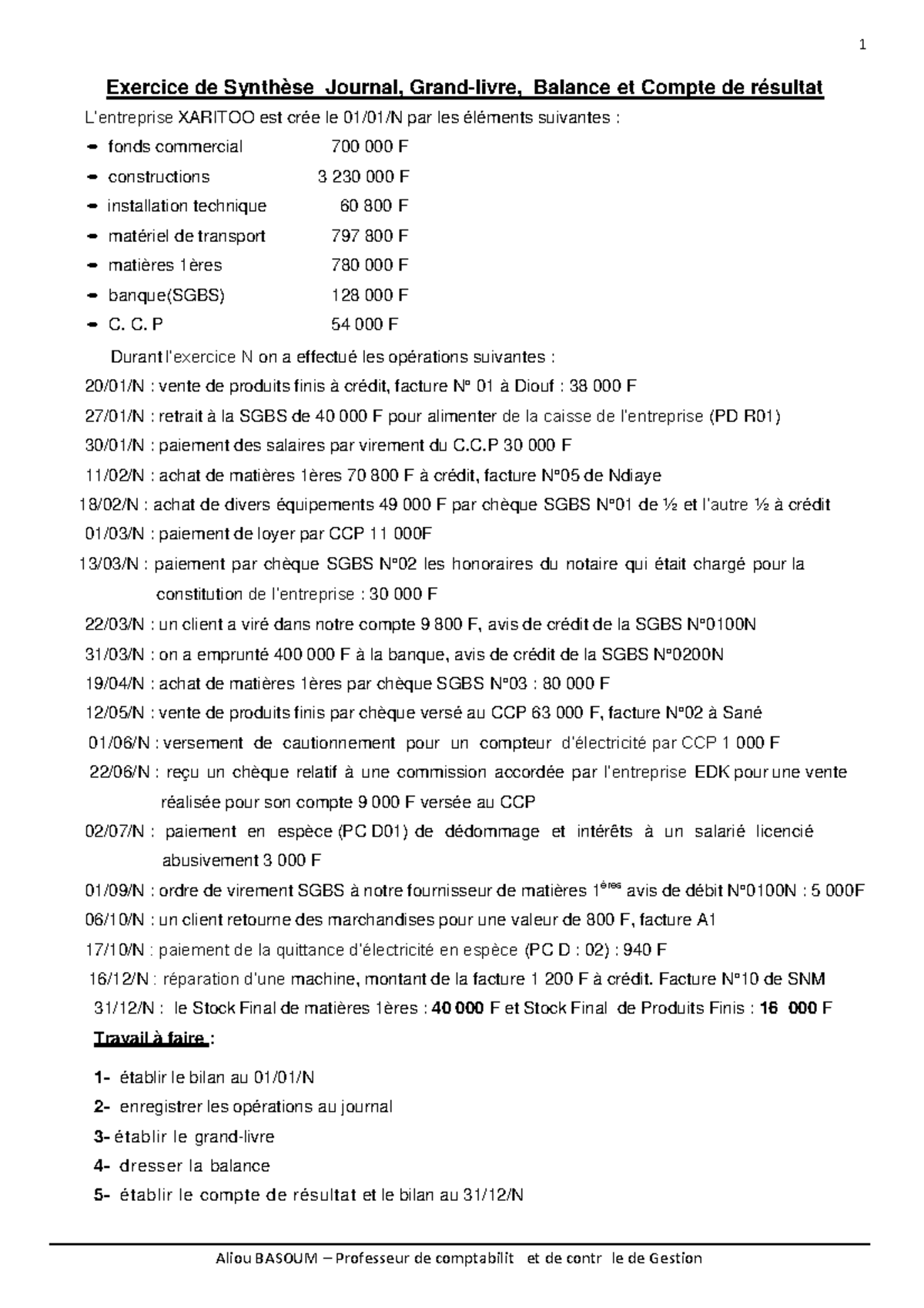 1 Exercice de Synthèse: Journal, Balance et Compte de Résultat ...