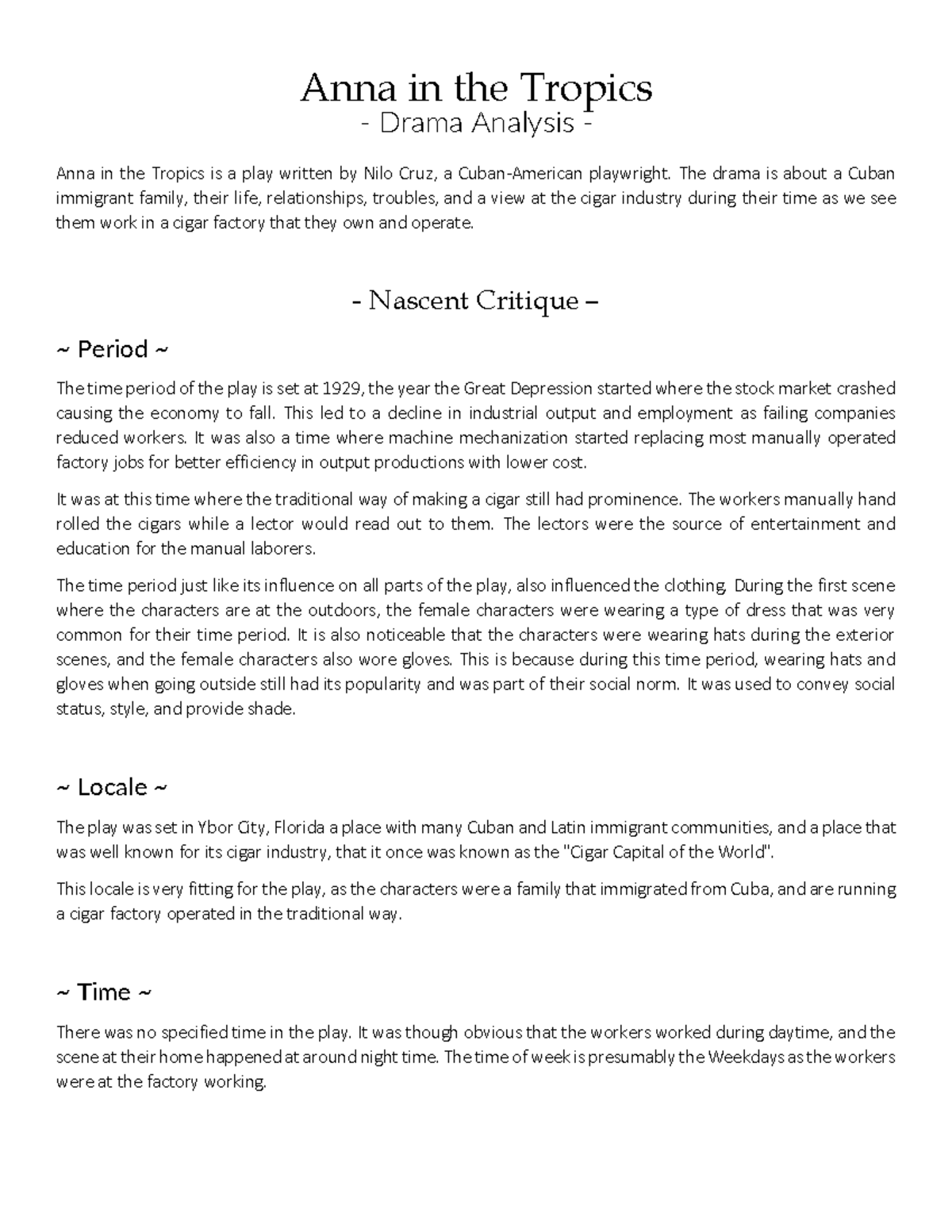 Anna in the Tropics - A Drama Analysis of Nilo Cruz's Play - Studocu