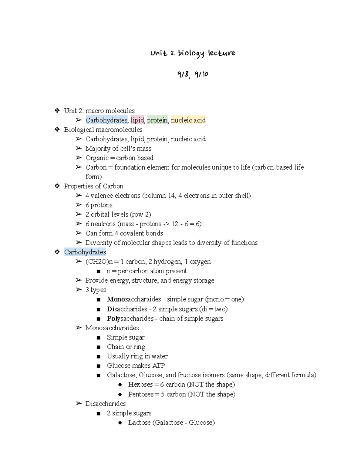 Unit 2 Biology Lecture Notes: Overview of Macromolecules - Studocu