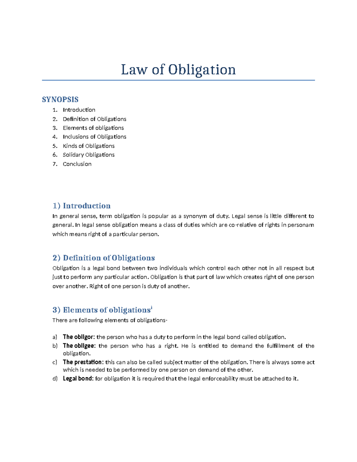 Law of Obligation: Detailed Synopsis and Key Concepts - Studocu