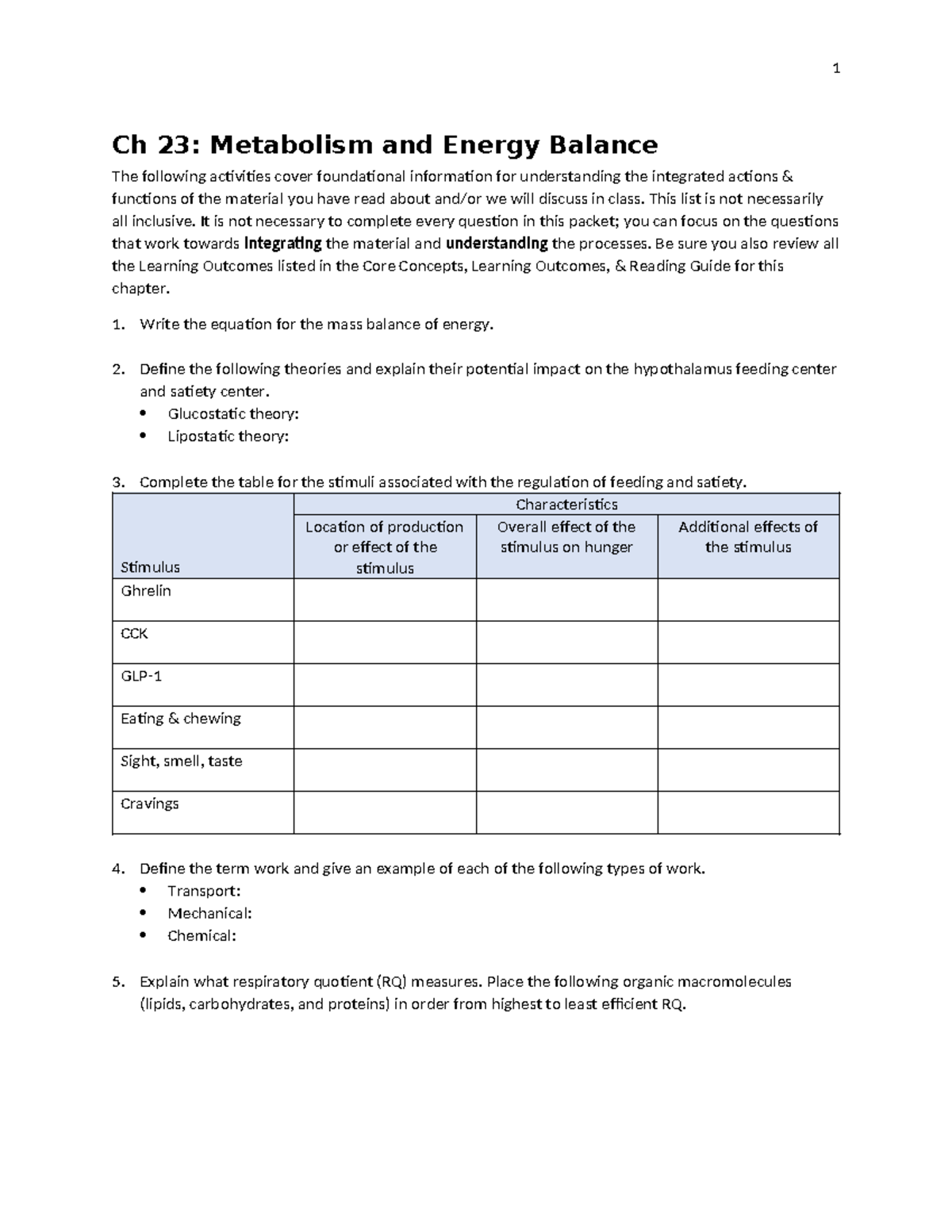 Ch 23: Metabolism Study Packet - Key Concepts & Questions - Studocu