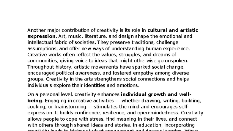 The Role of Creativity in Cultural and Artistic Expression - Studocu
