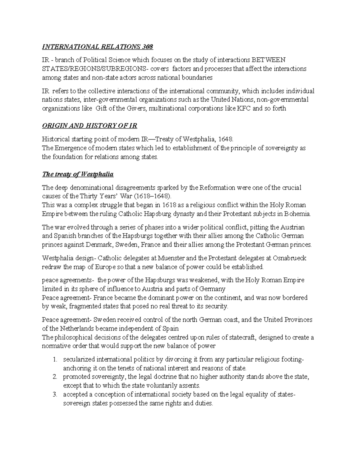 International Relations 308: The Evolution and Theories of IR - Studocu