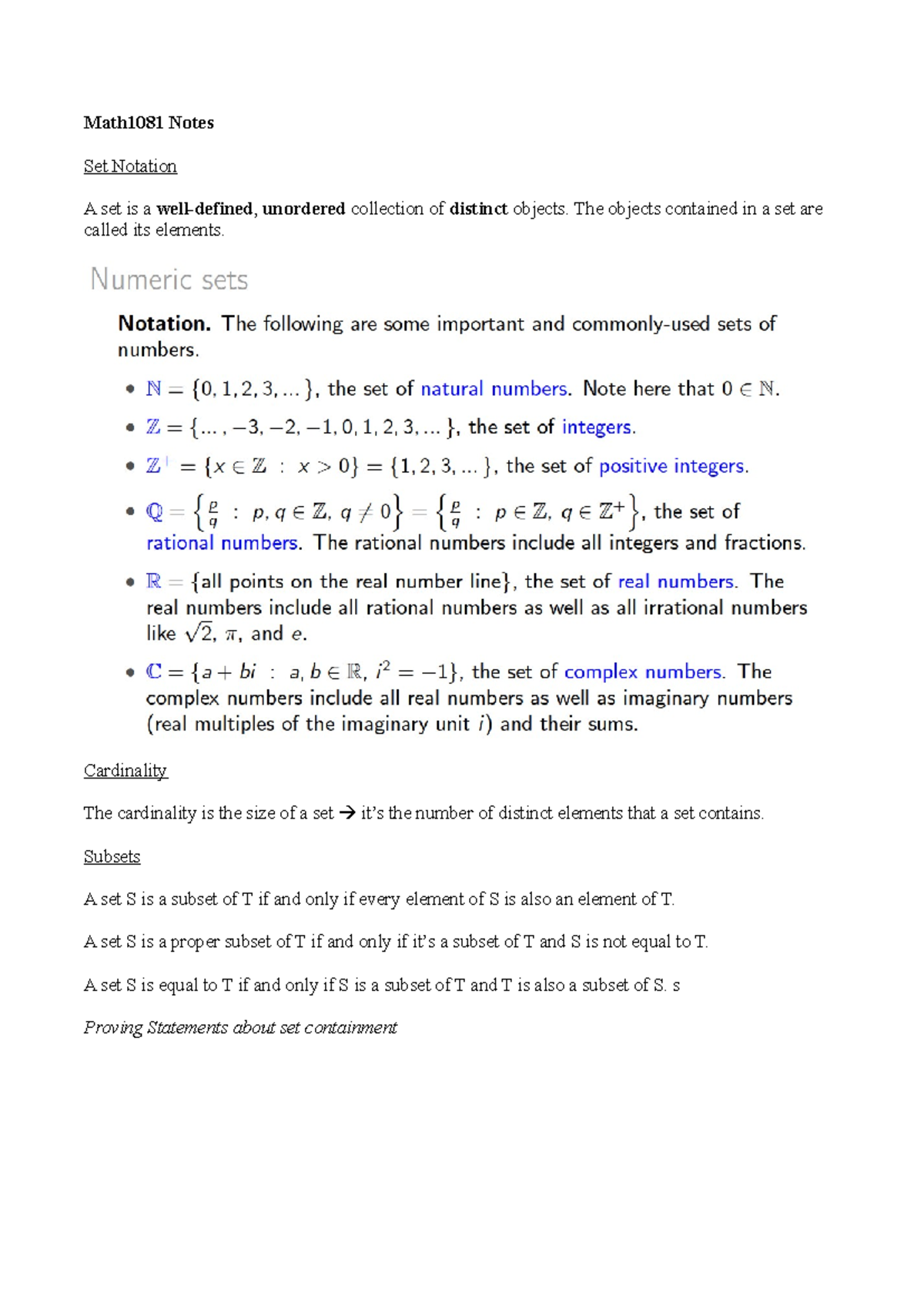 Math1081 Notes - Math1081 Notes Set Notation A set is a well-defined ...