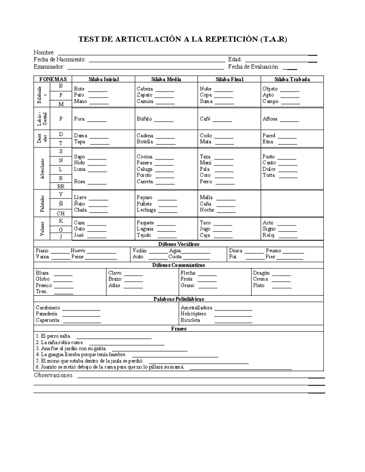 TAR: Evaluación de Fonemas y Frases en Repetición - Studocu