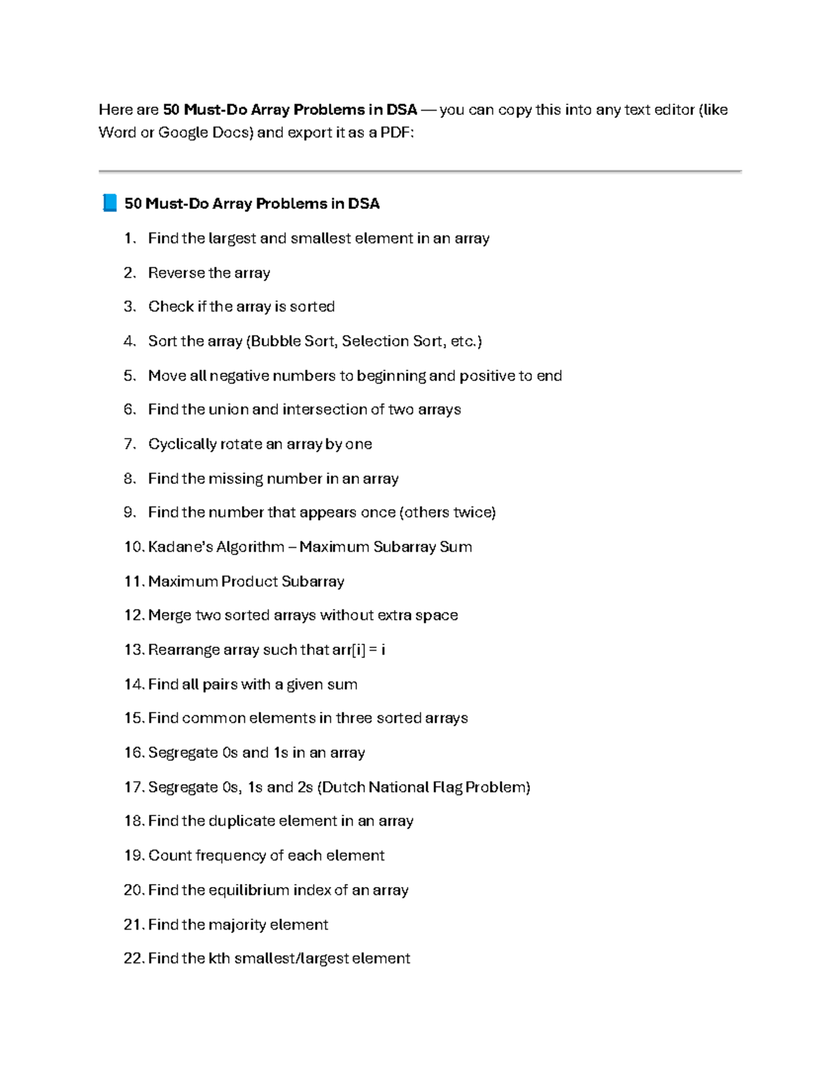 50 Array Problems in DSA: Practice Questions for Mastery - Studocu