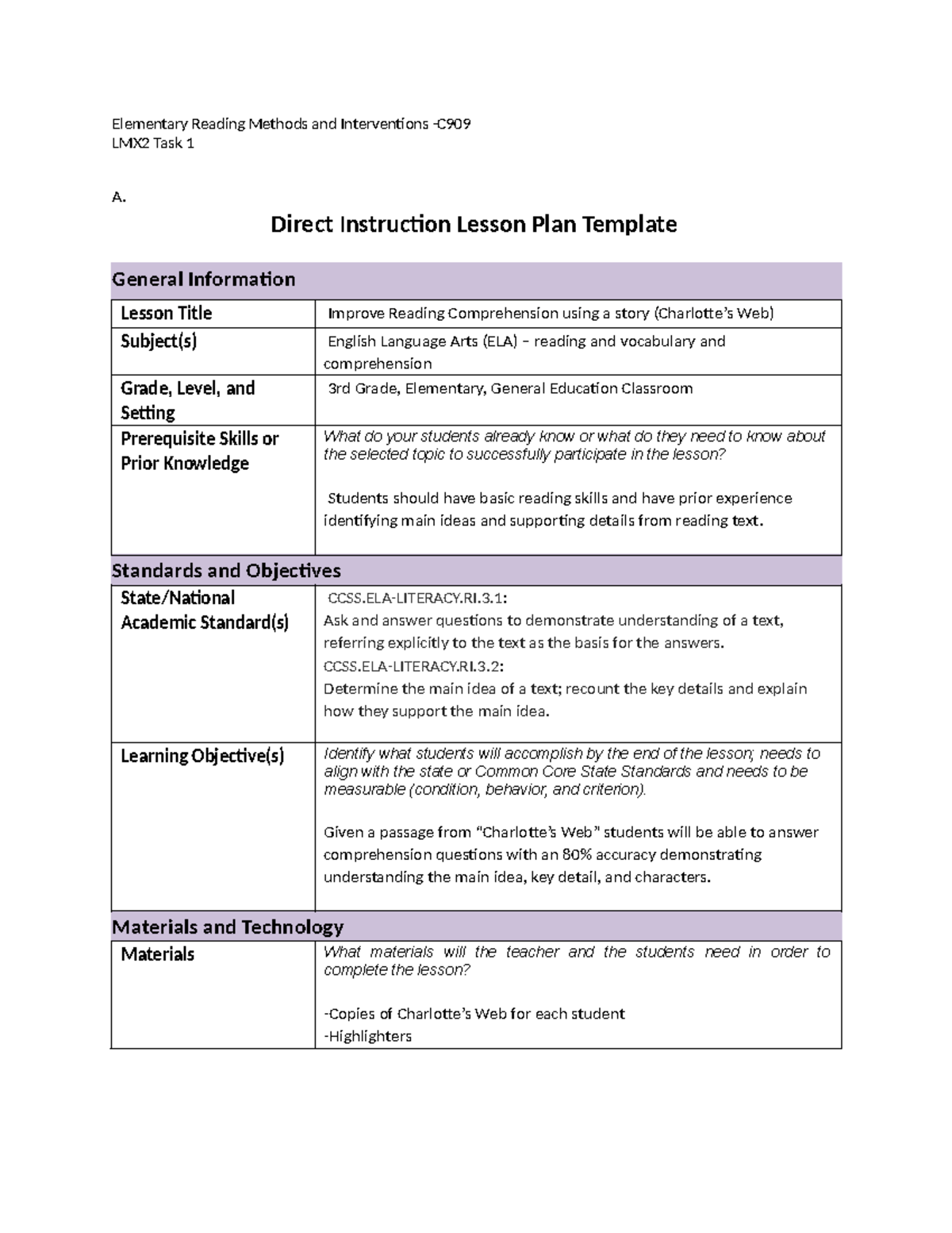 Elementary Reading Methods LMX2 Task 1 Lesson Plan on Comprehension - Studocu