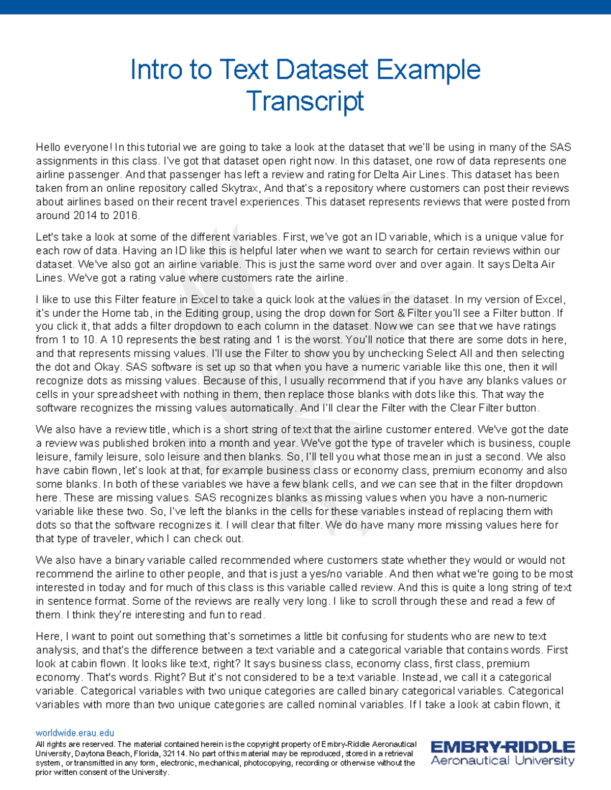 SAS 101: Intro to Text Dataset Analysis Transcript - Studocu