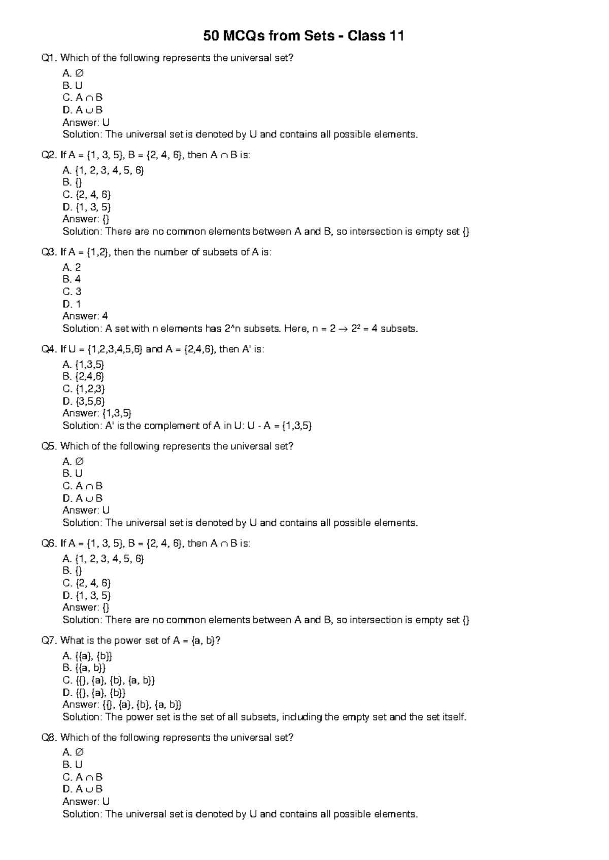 50 MCQs on Sets for Class 11 - Comprehensive Review - Studocu
