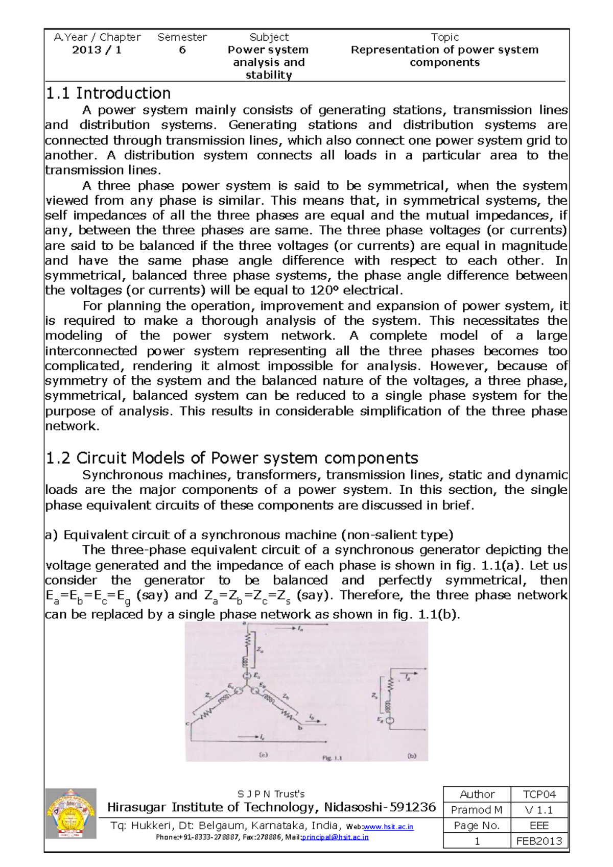 PSA 1.1 - Representation of Power System Components and Analysis - Studocu