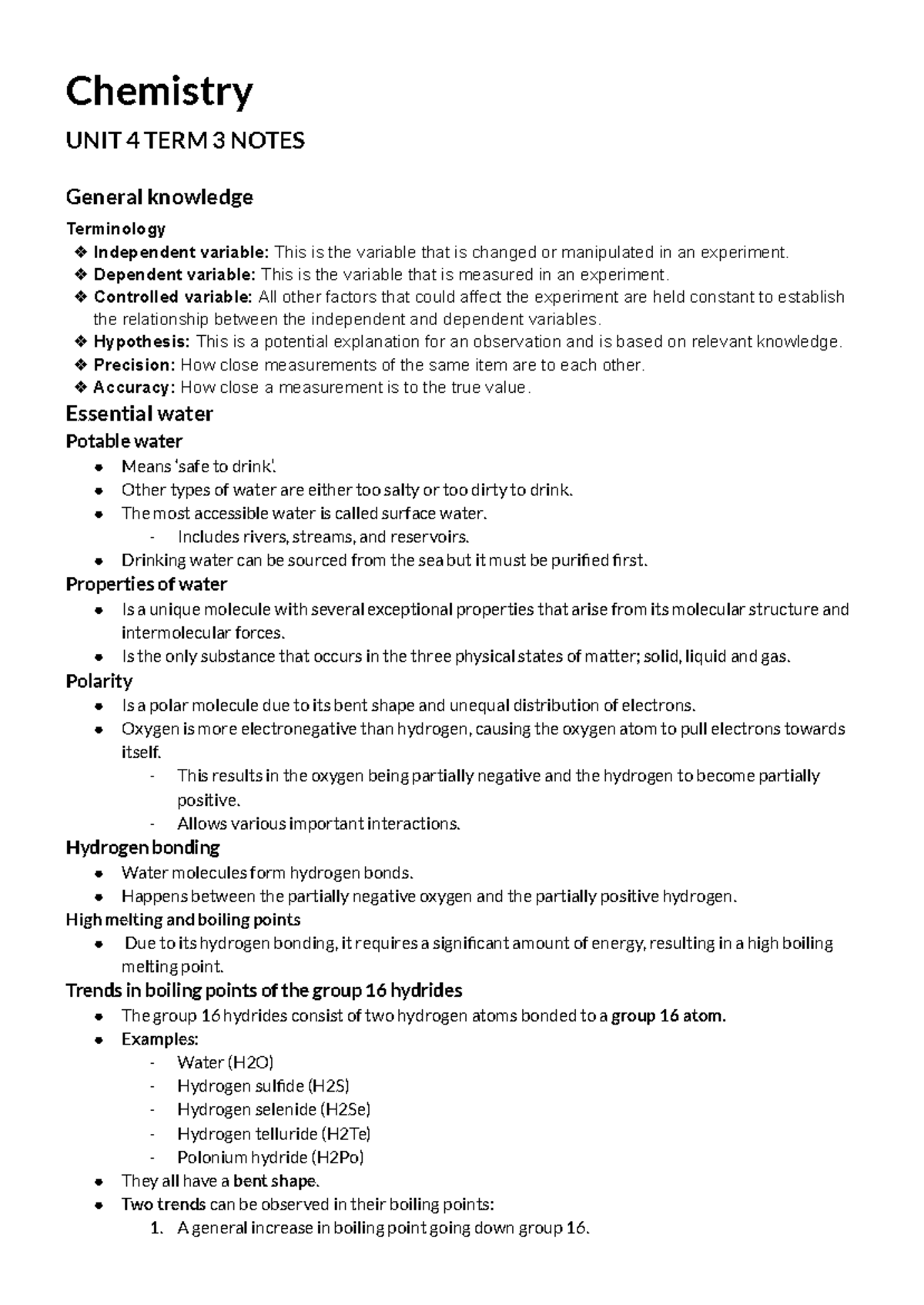 Chemistry UNIT 2 TERM 3 Notes: Key Concepts and Terminology - Studocu