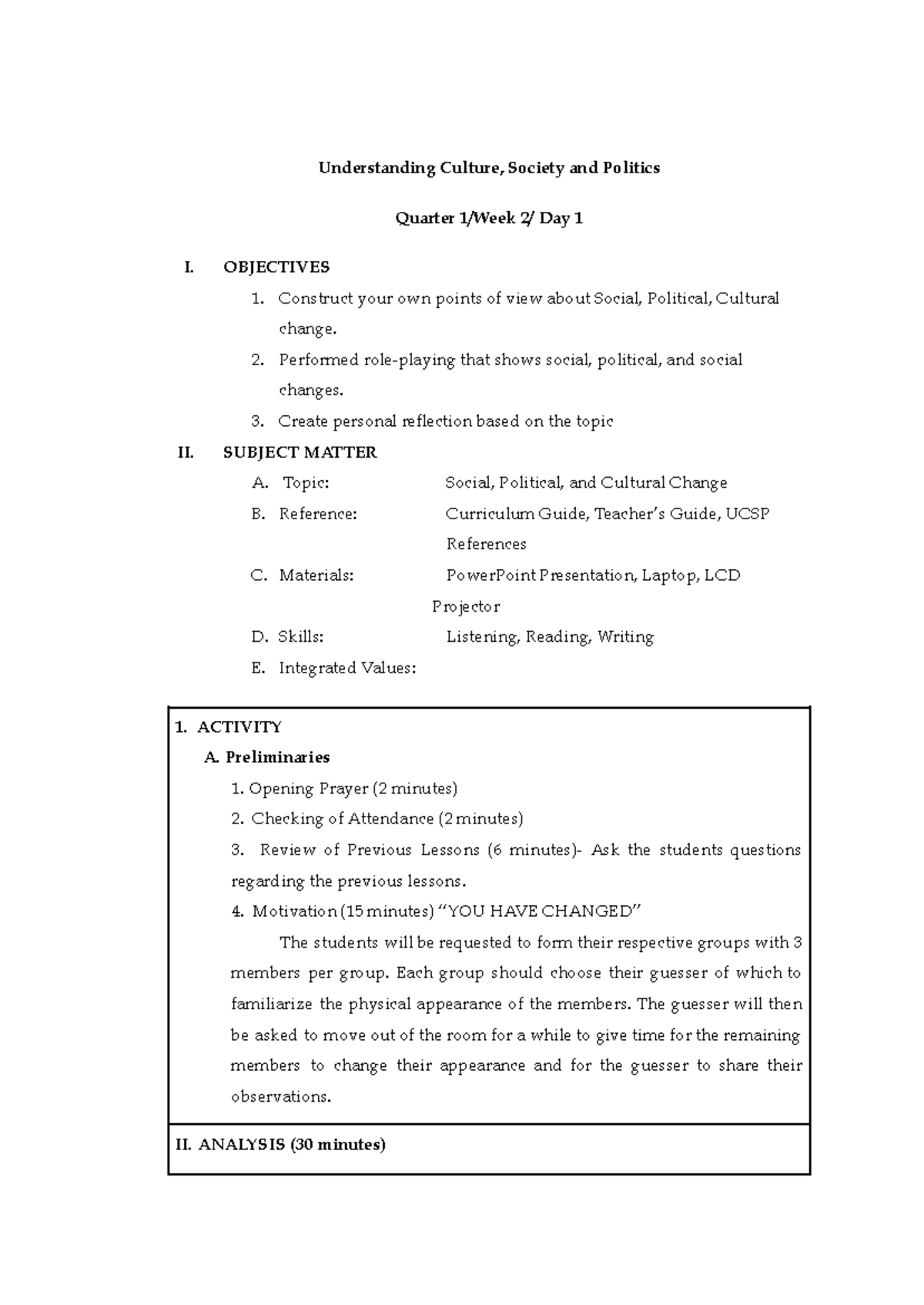 1 Year UCSP Lesson Plan: Exploring Culture, Society & Politics - Studocu