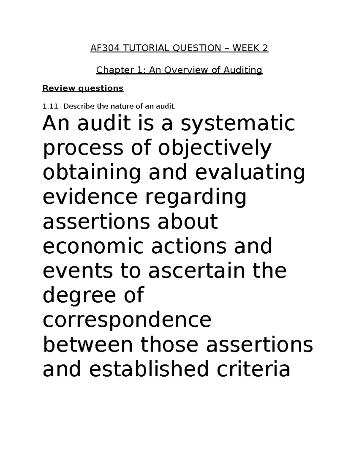 AF304 TUTORIAL - WEEK 2: Overview of Auditing Concepts and Implications ...