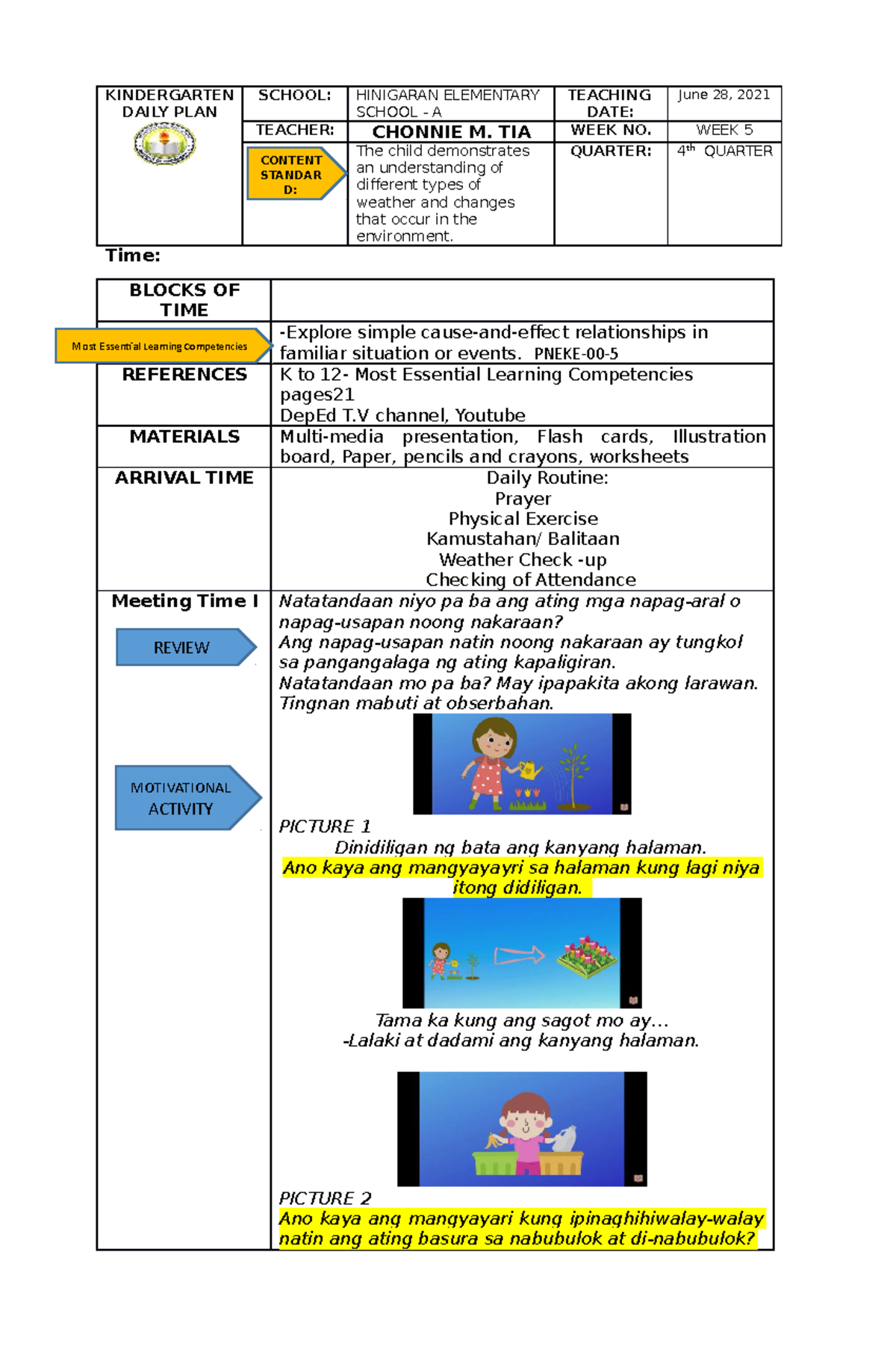 CO2-Cause-Effect - LESSON PLAN - KINDERGARTEN DAILY PLAN SCHOOL ...
