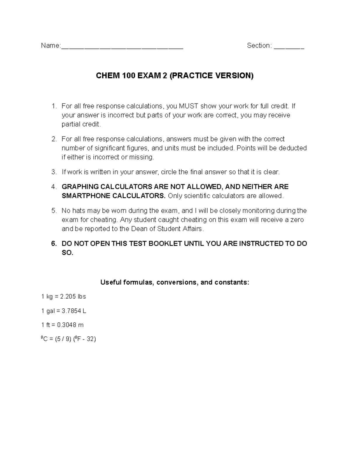 CHEM 100 EXAM 2 (PRACTICE VERSION) - Studocu