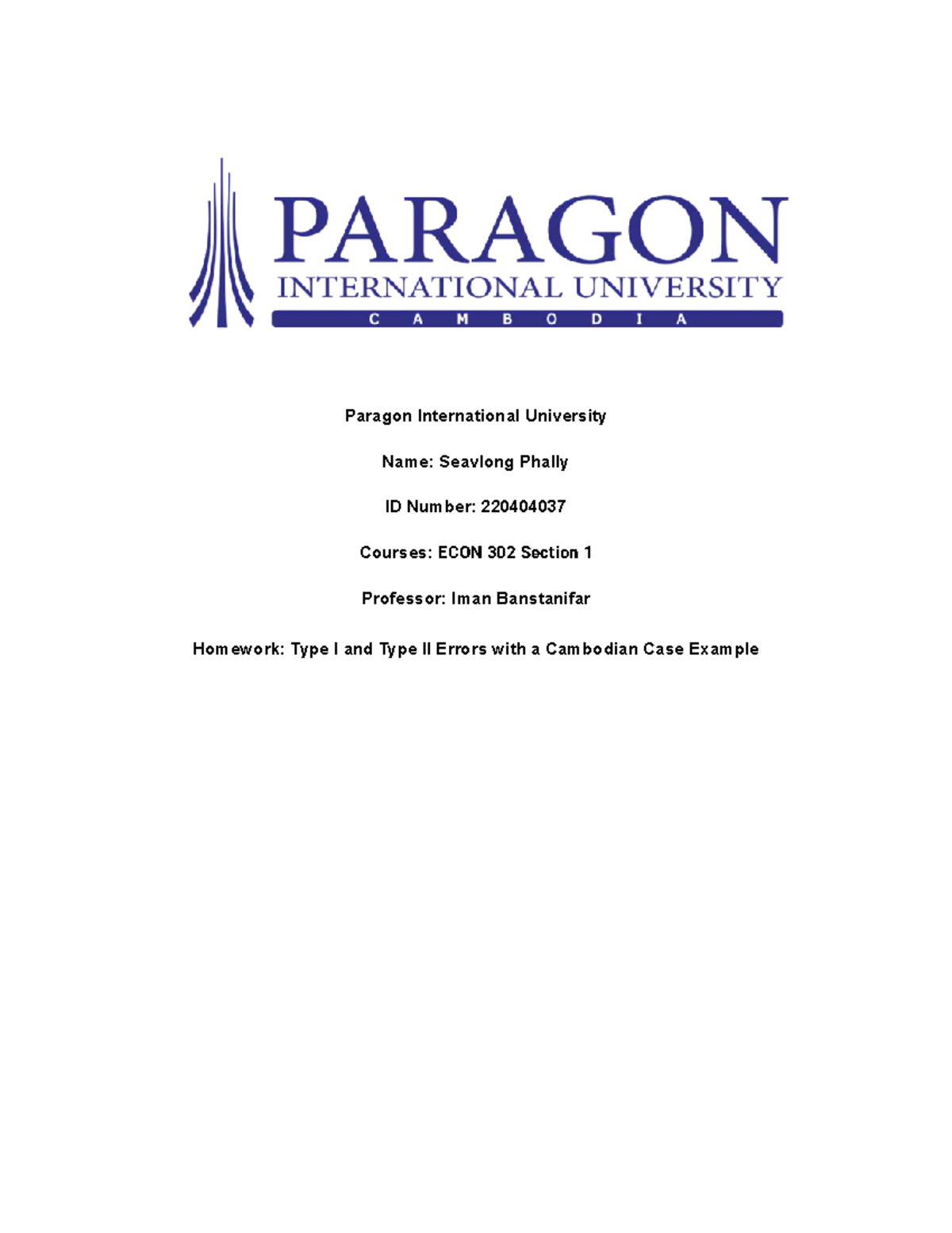 ECON 302 Homework: Type I & II Errors in Cambodian Education - Studocu