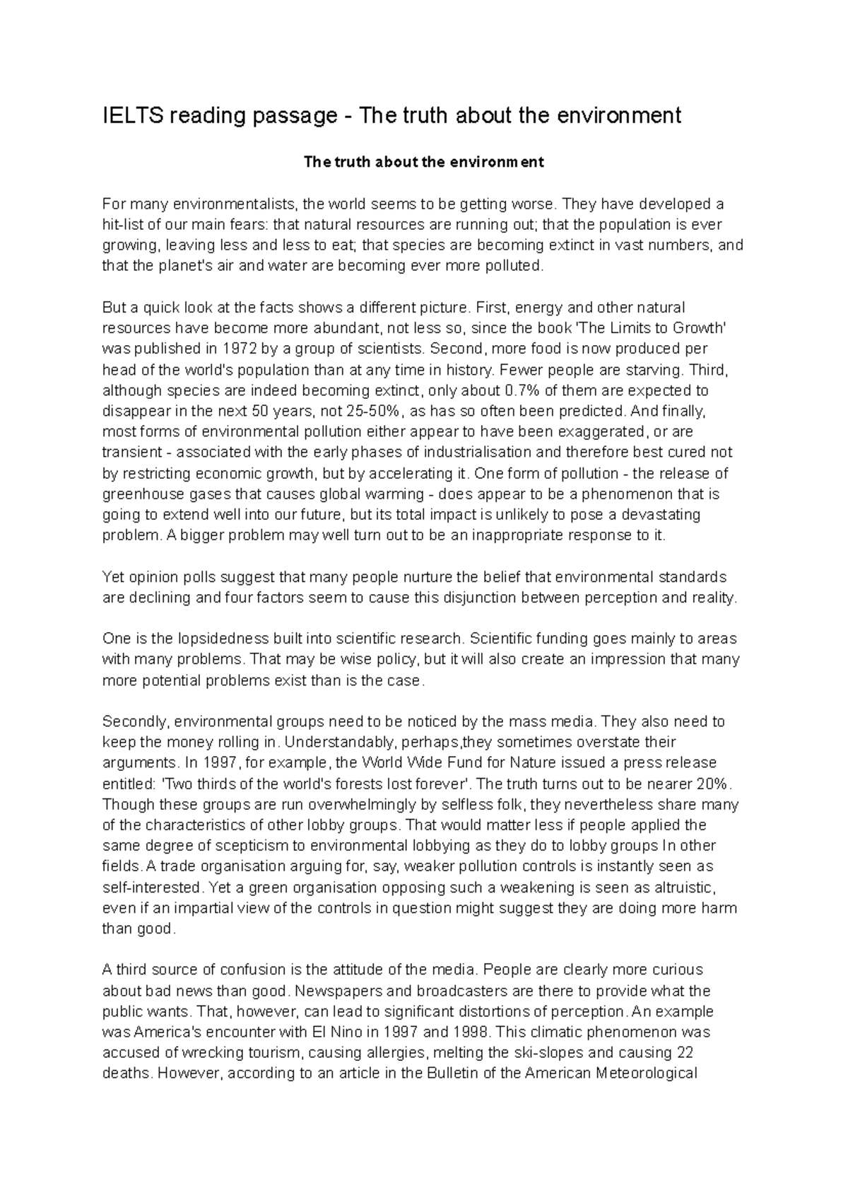 IELTS Academic Reading Passage: The Truth About the Environment - Studocu