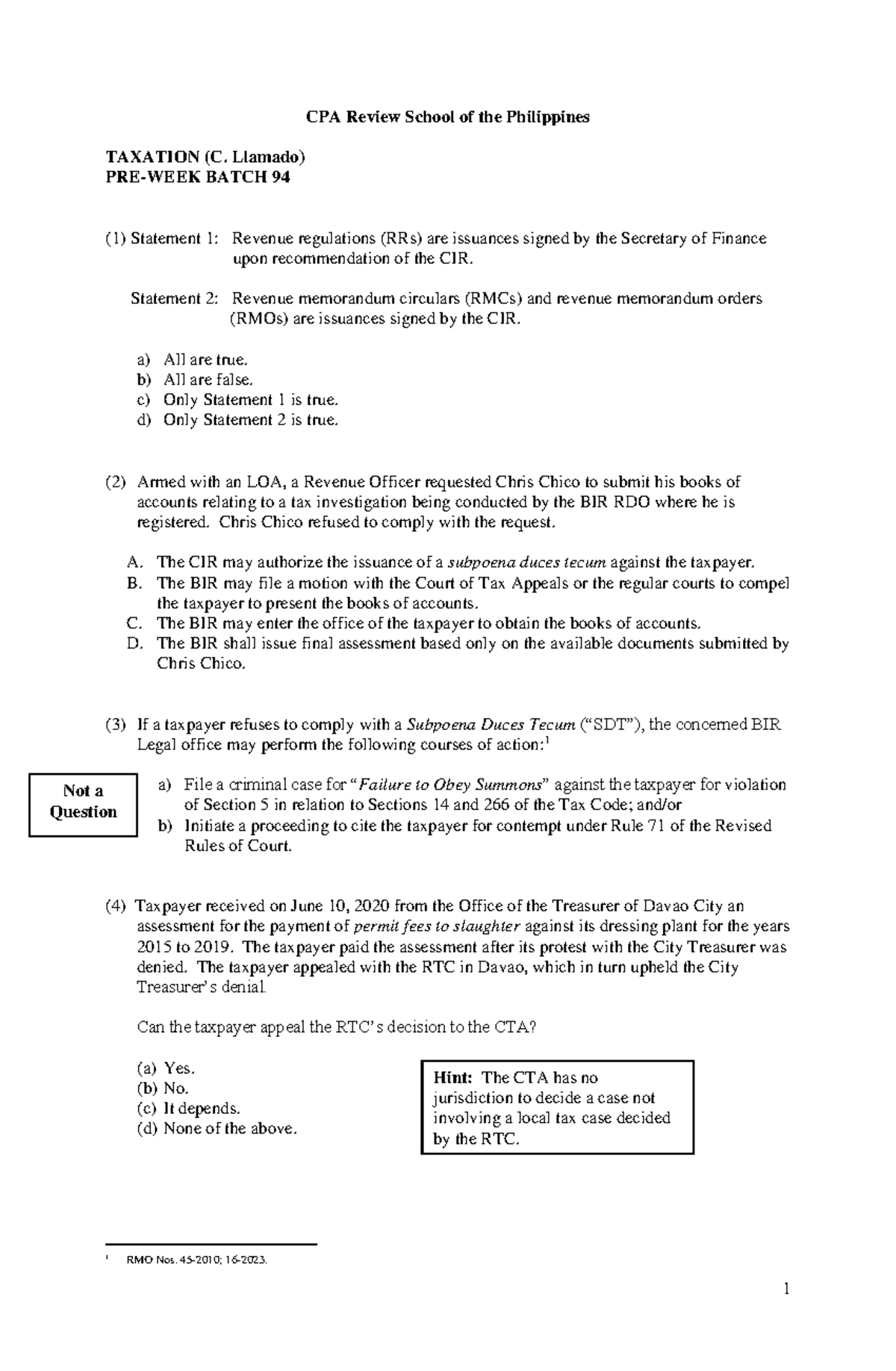 B94 - TAX Preweek C.-Llamado (NO Answers) - CPA Review School of the ...