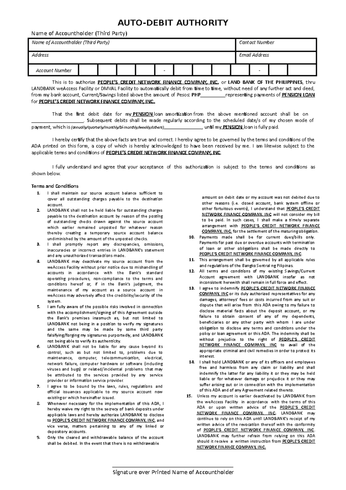 ADA - Auto-Debit Authority Form for Pension Loan Payments - Studocu