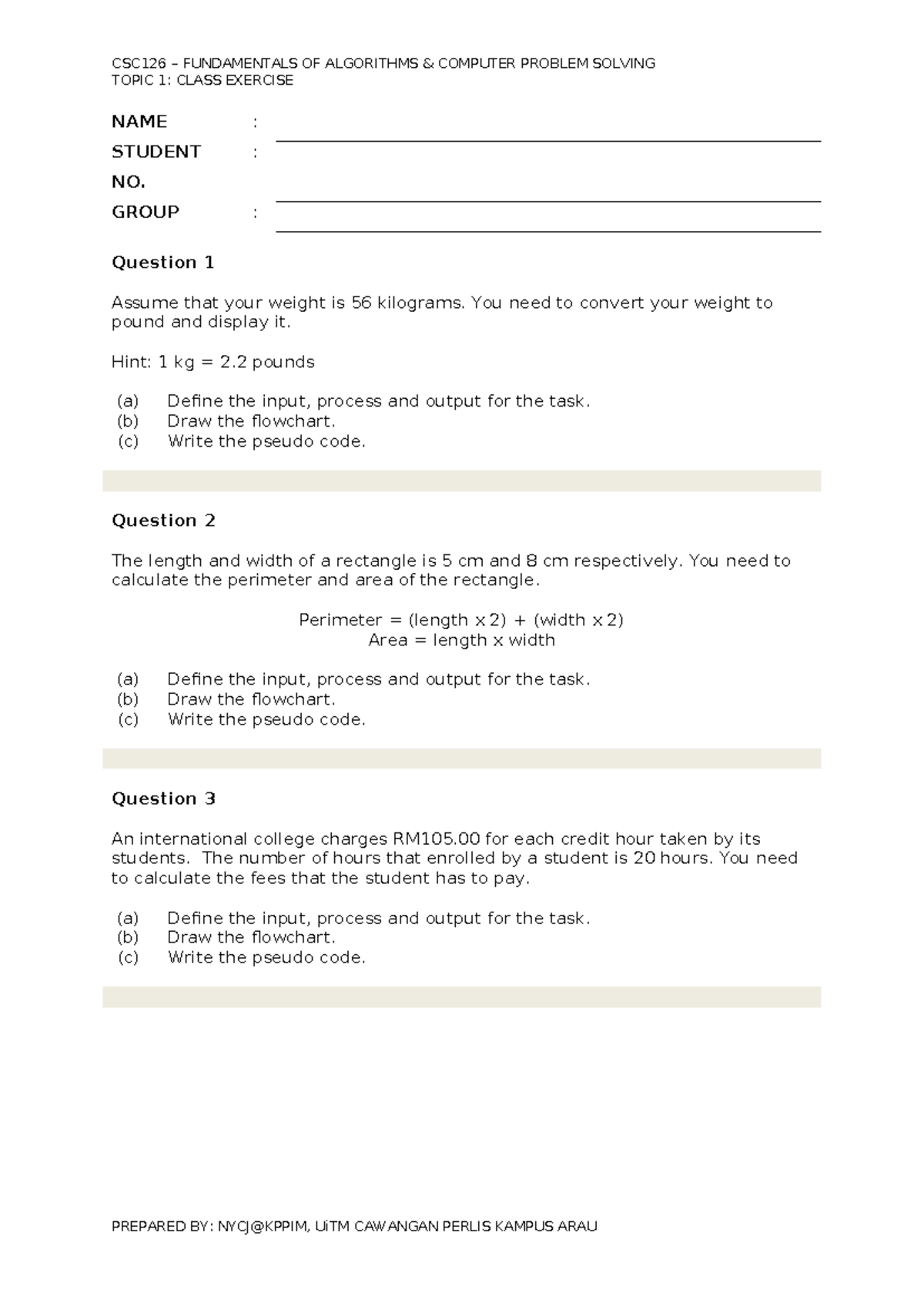 CSC126 Fundamentals of Algorithms: Class Exercise on Problem Solving - Studocu