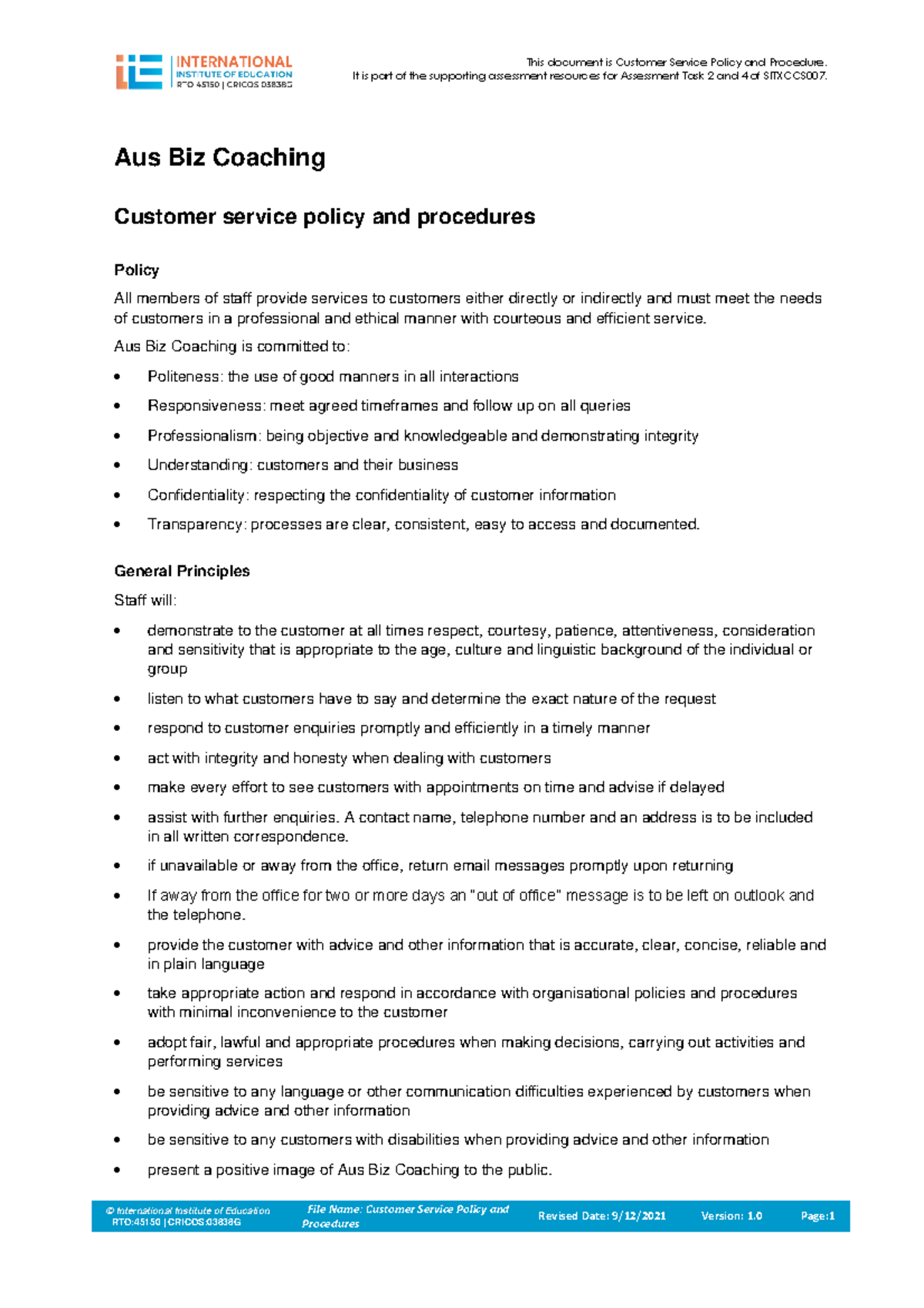 SITXCCS007 Customer Service Policy and Procedures Template - Studocu