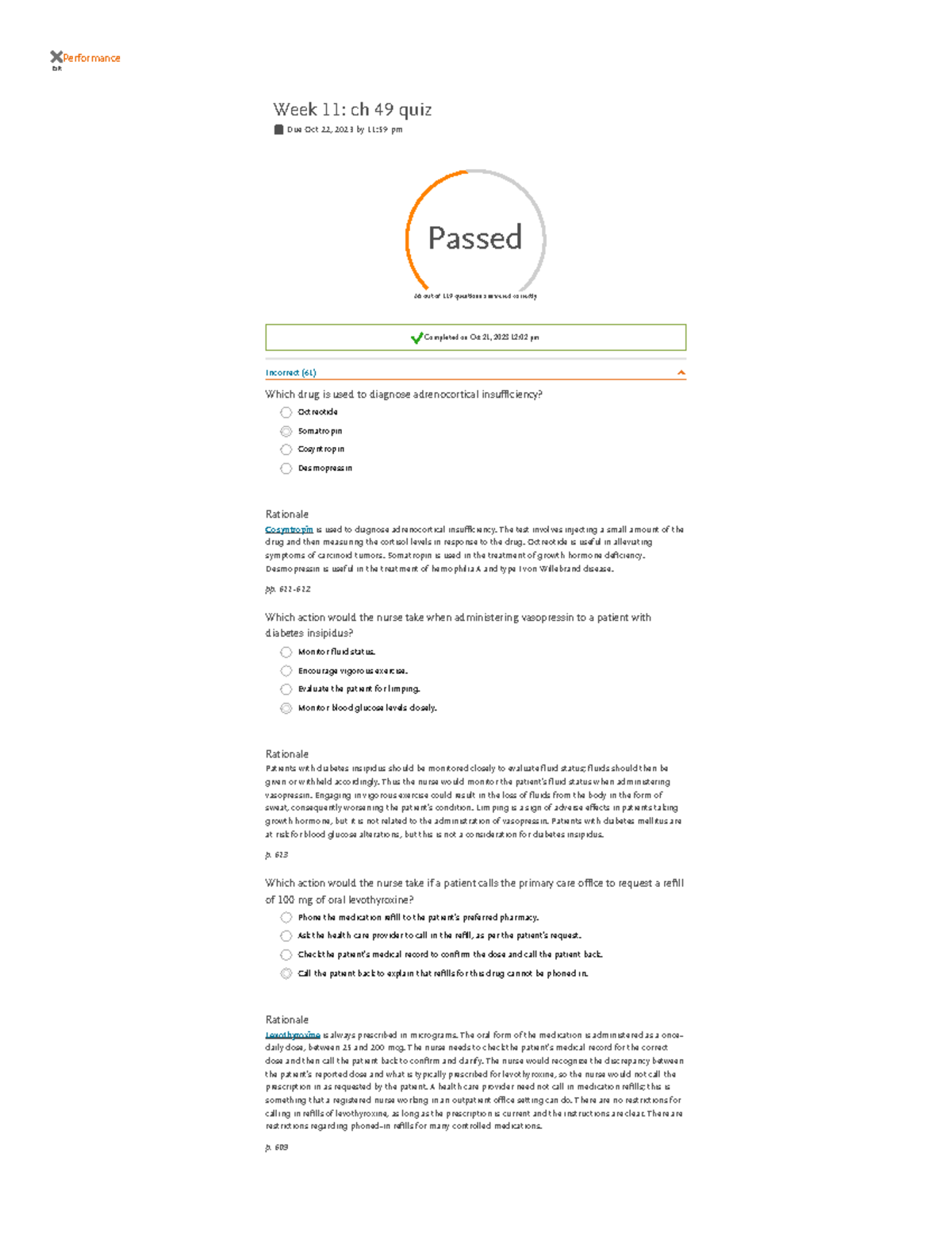 Elsevier Adaptive Quizzing - Quiz performance CH 49 - Exit Performance Week 11: ch 49 quiz Due ...