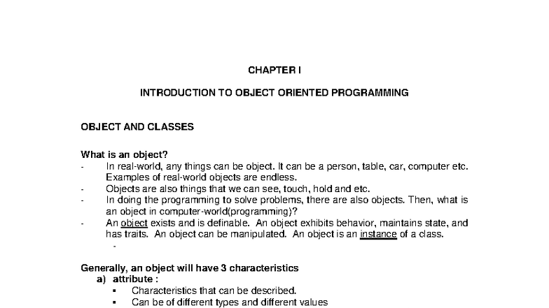 CHAPTER I: INTRODUCTION TO OBJECT-ORIENTED PROGRAMMING (CSC435) - Studocu
