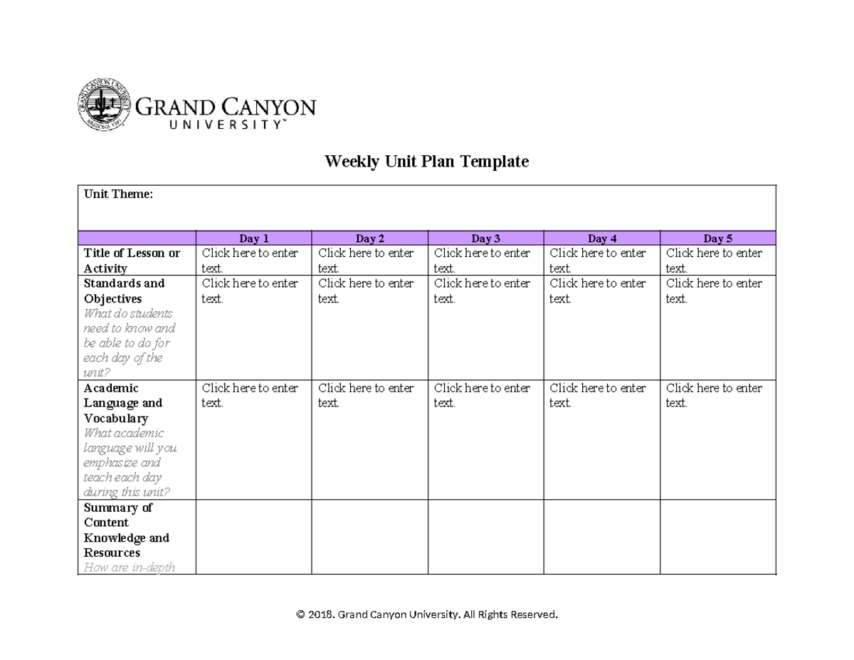 ECE 640 R T5 Weekly Unit Plan Template Guidelines - Studocu