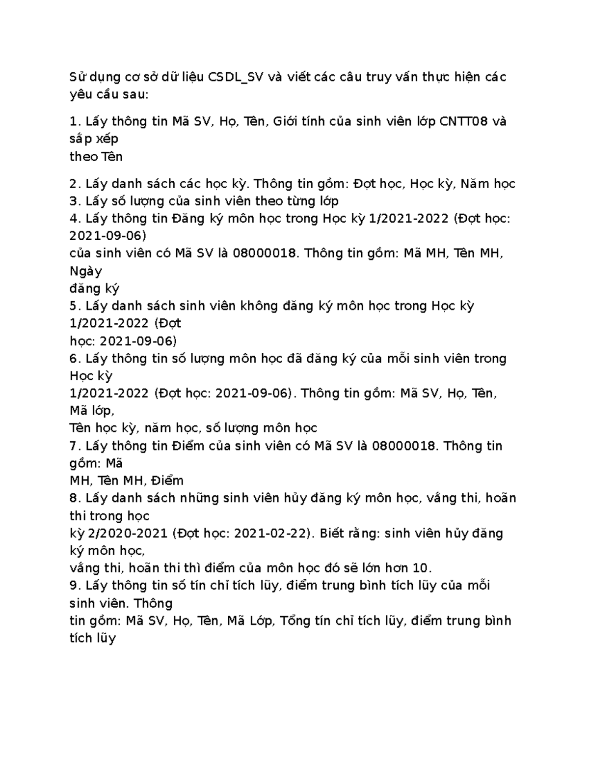 Bài Tập SQL Server SV - Truy Vấn CSDL_SV Cho Lớp CNTT08 - Studocu