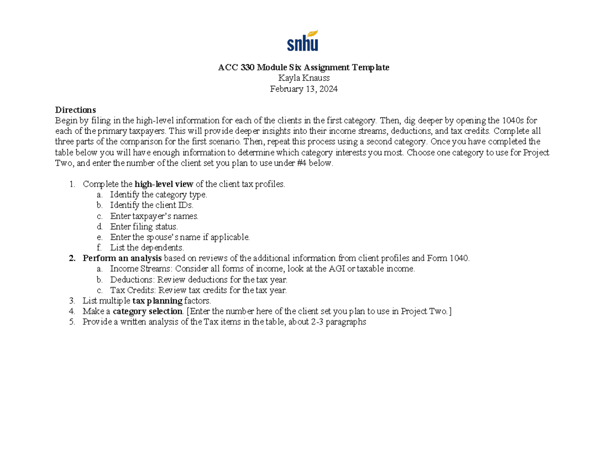 ACC 330 Module Six Assignment: Client Tax Profile Comparison - Studocu