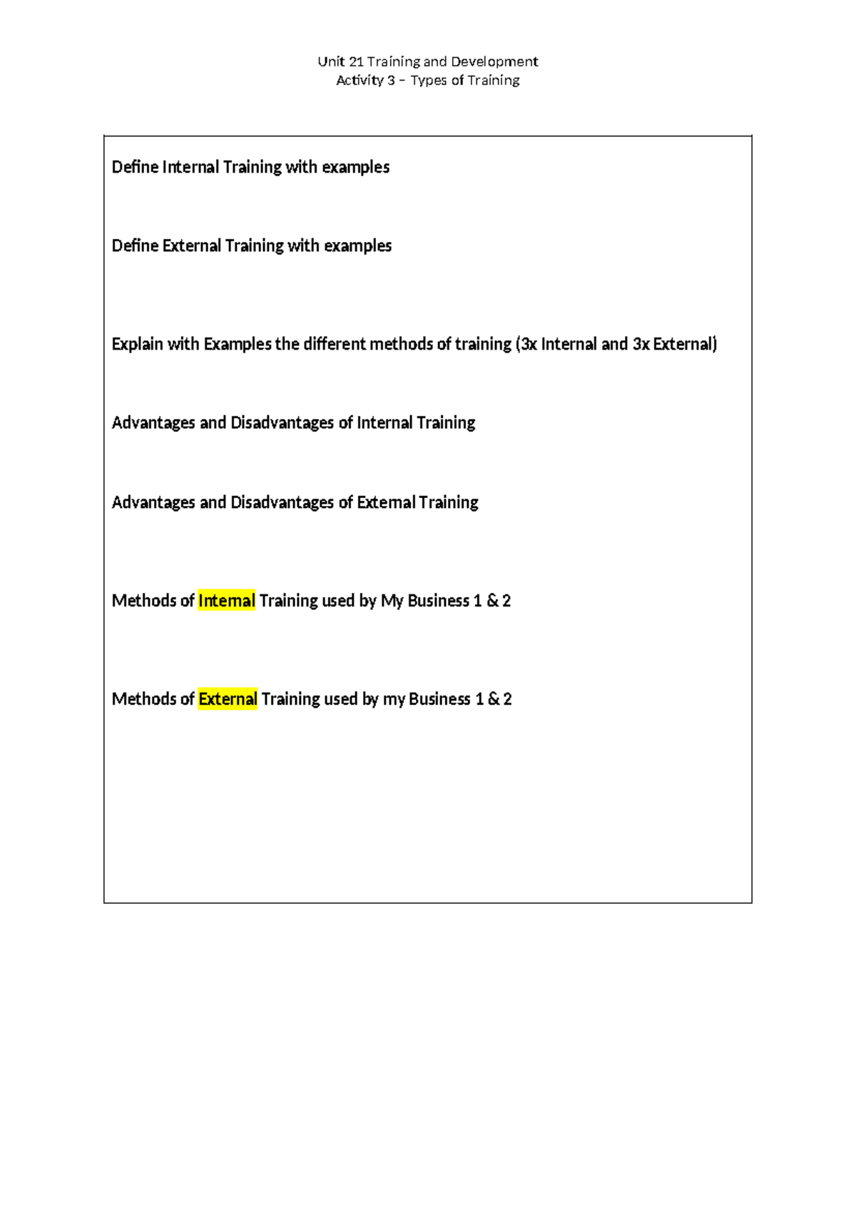 Activity 3 Types of Training - Économie Gestion - Unit 21 Training and ...