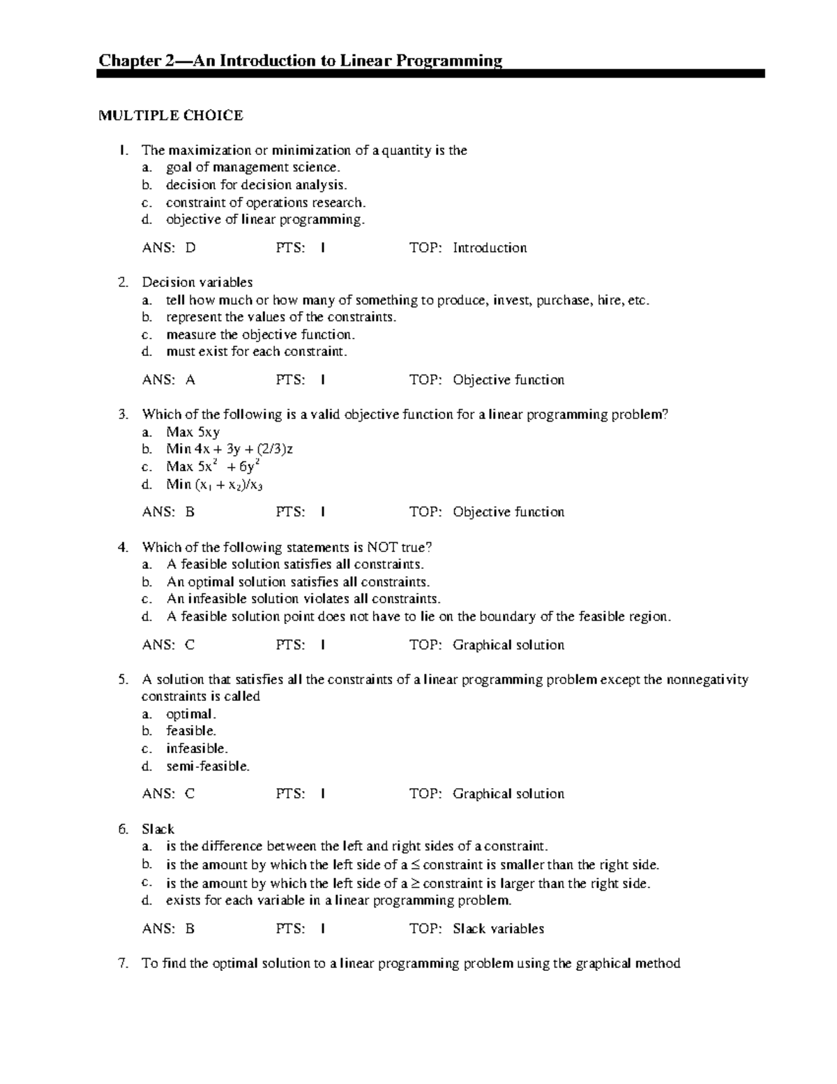 Linear Programming Test Bank - An Introduction to Management Science 1 ...