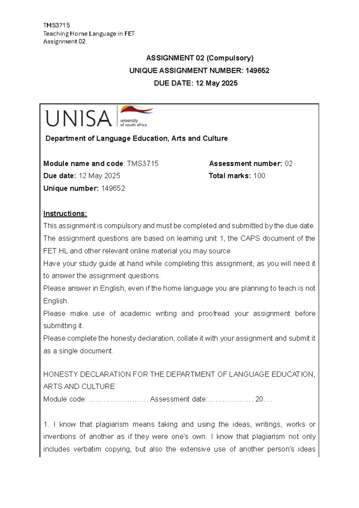 TMS3715 Teaching Home Language in FET: Assignment 02 Overview and ...