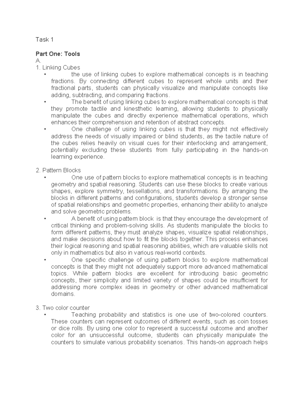C109 - Final Exam: Exploring Mathematical Concepts with Manipulatives - Studocu