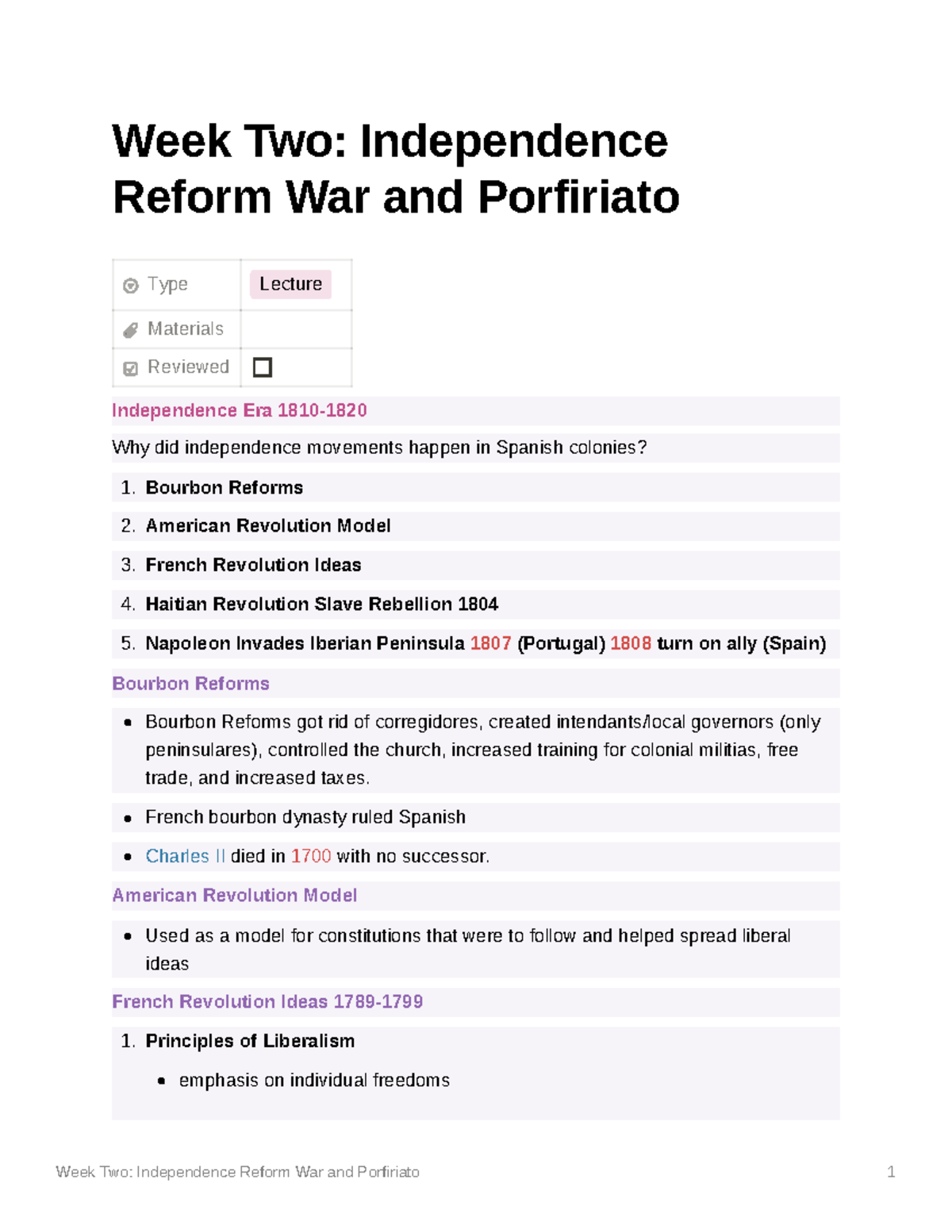 Week Two Independence Reform War and Porfiriato - Week Two ...