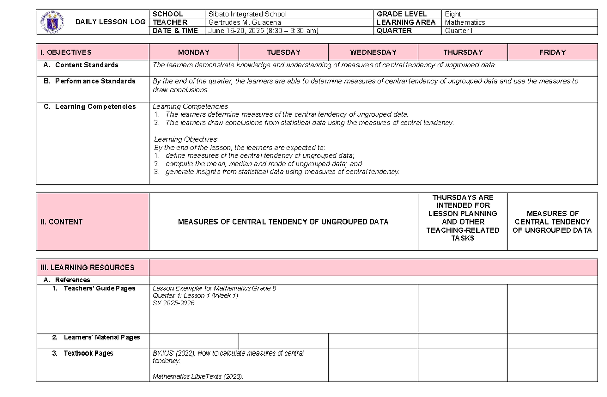 Mathematics Grade 8 Lesson Log: Measures of Central Tendency (Week 1 ...