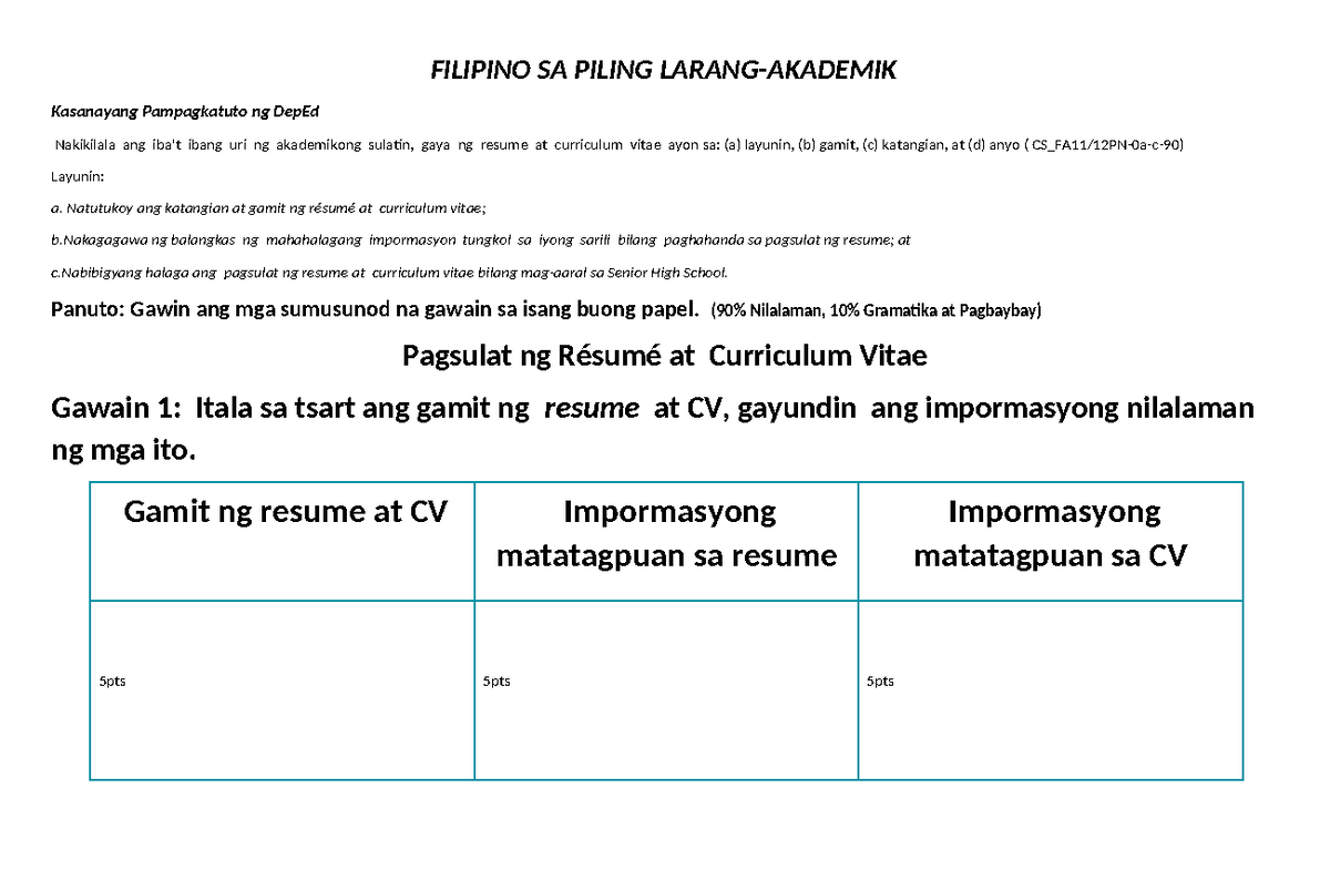 Filipino sa Piling Larang-Akademik: Pagsulat ng Résumé at CV Guide - Studocu