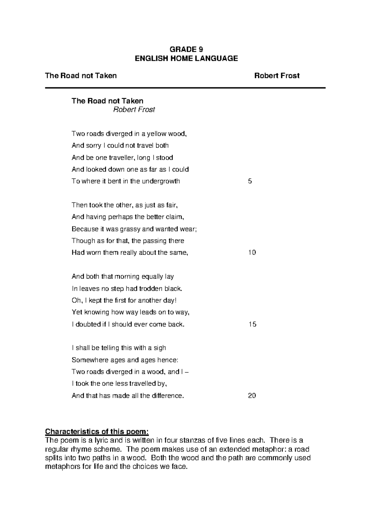 Grade 9 English HL: The Road Not Taken Poem Analysis Notes - Studocu