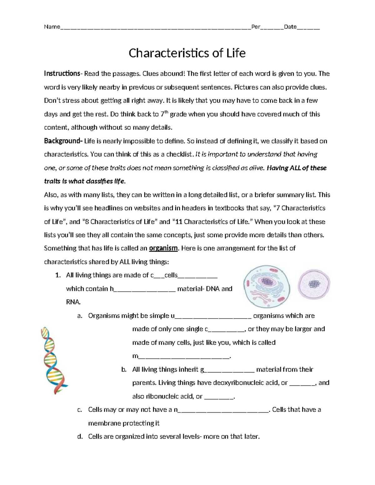 Characteristics of Life: Honors Biology Overview and Checklist - Studocu