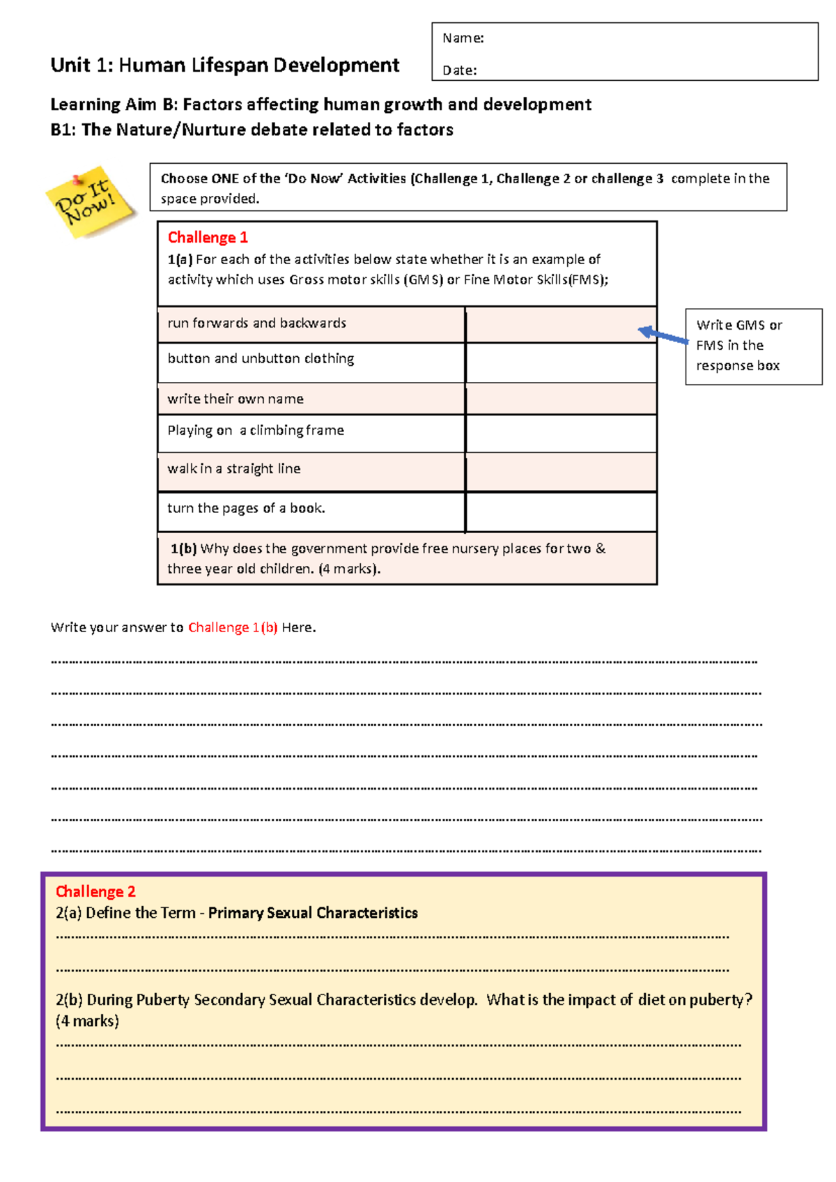Learning Aim B Worksheet: Factors Influencing Development in Unit 1 ...