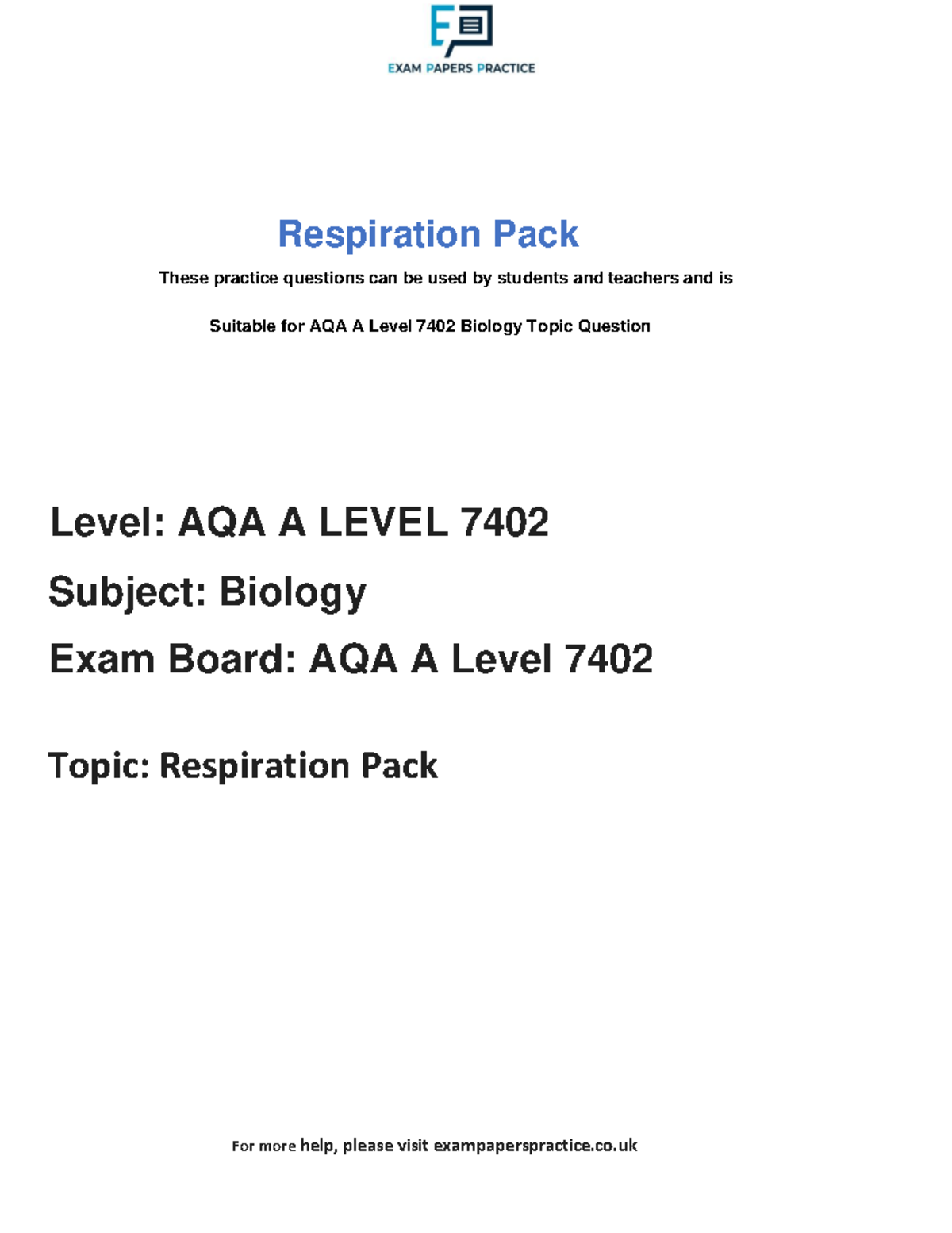 AQA A Level 7402 Biology: Respiration Practice Questions Pack - Studocu