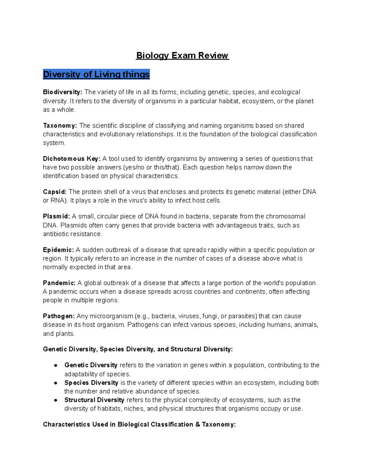 SBI3U - Exam Review JN - exam - Biology Exam Review Diversity of Living ...
