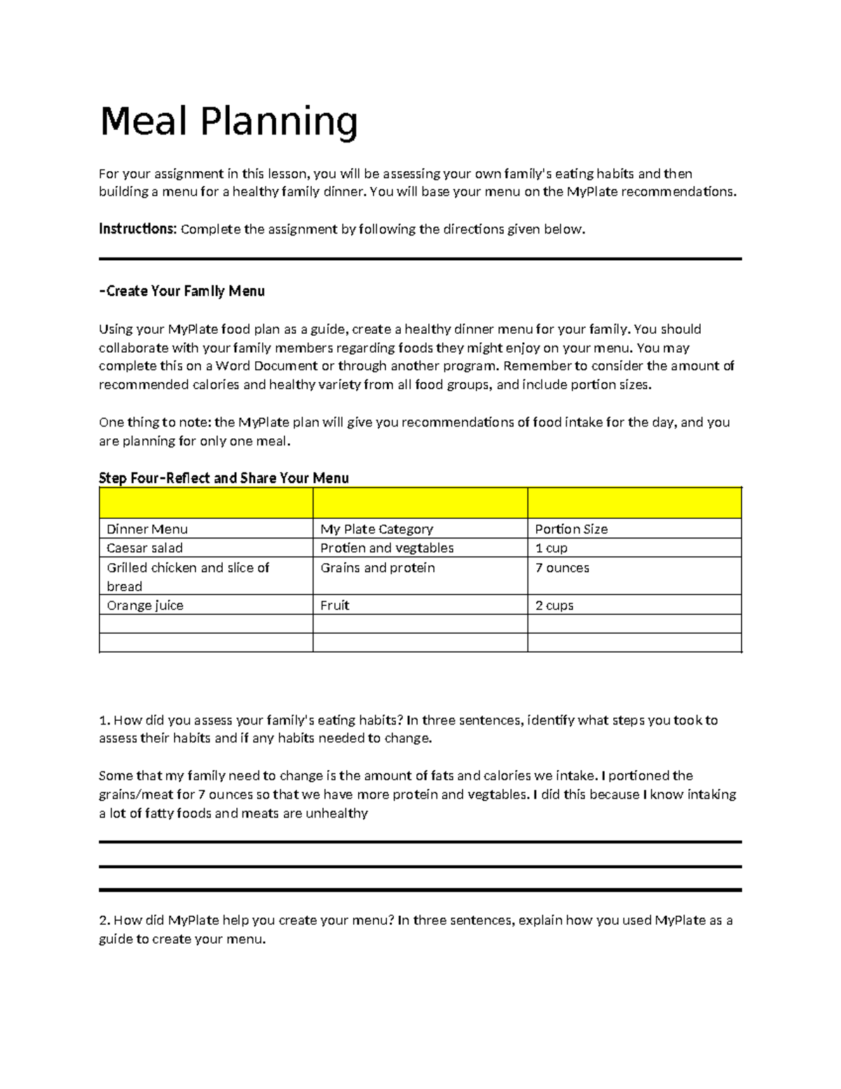 04 03 05 - Healthy Family Dinner Menu Planning Assignment - Studocu