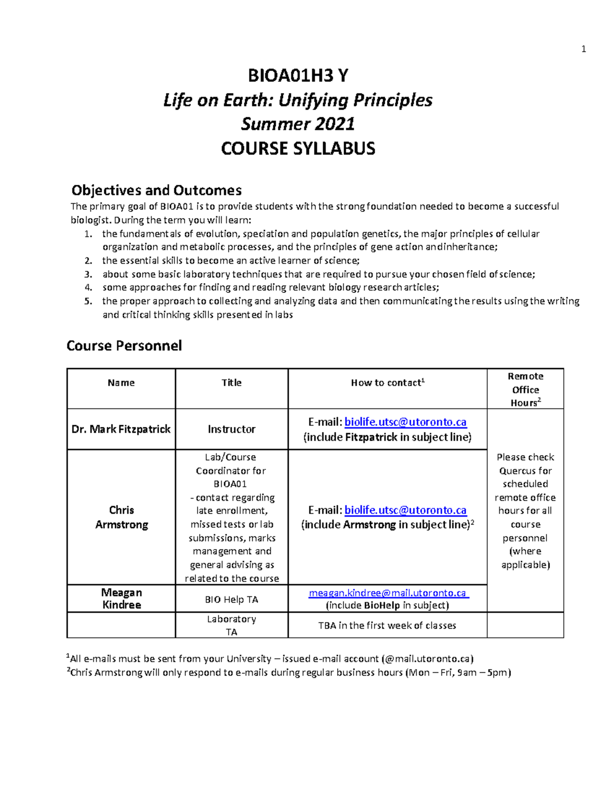 BIO A01 Y2021 Summer Course Syllabus: Life on Earth Principles - Studocu