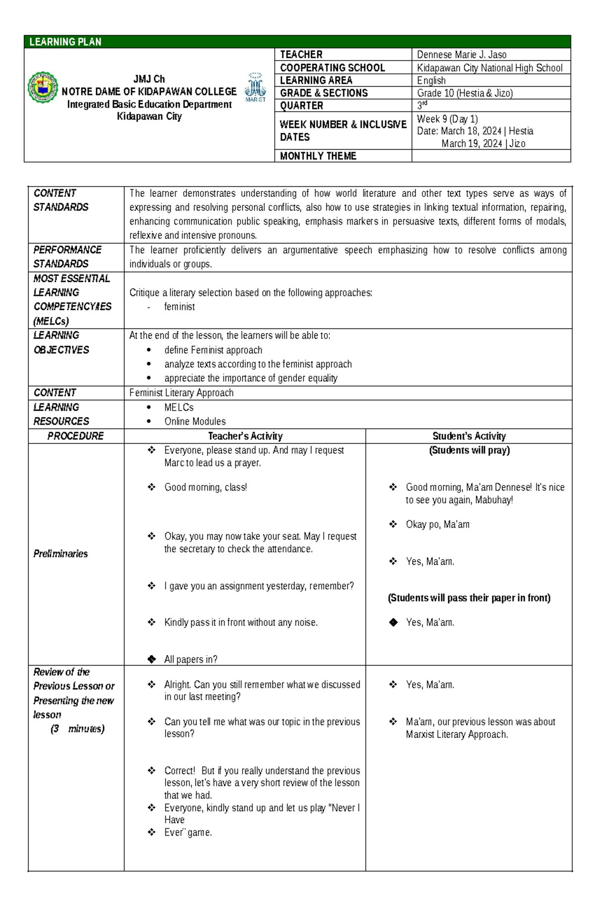 Feminist Approach - Lesson Plan for Grade 10 English (JMJ Ch) - Studocu