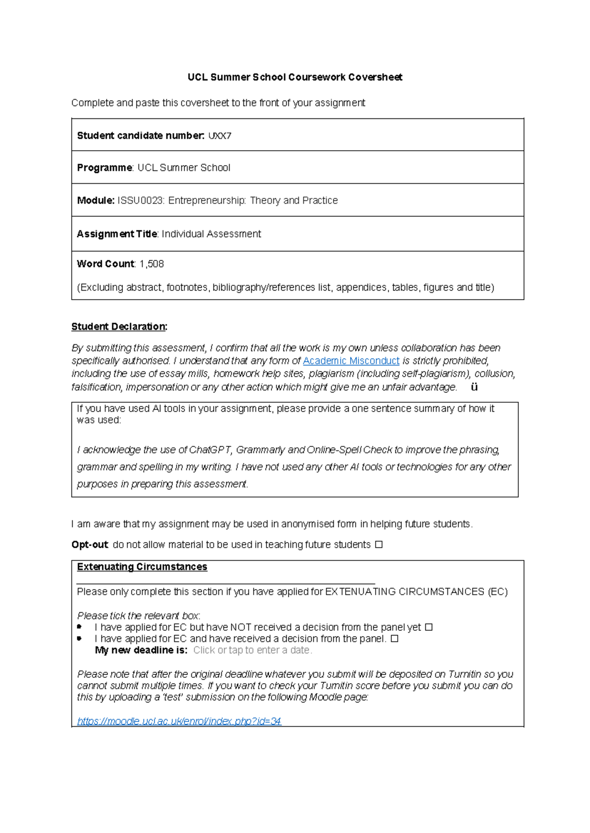 UCL Summer School ISSU0023 Individual Assessment Coursework Cover - Studocu
