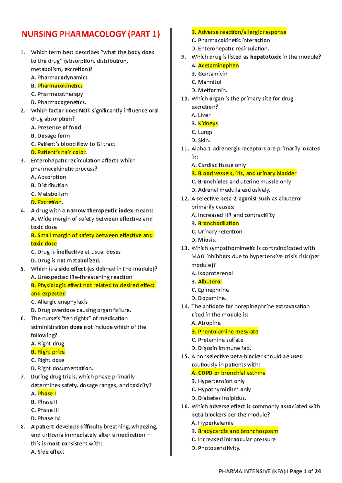 Pharmacology Practice Questions (NURSING PHARMACOLOGY KFA) - Studocu