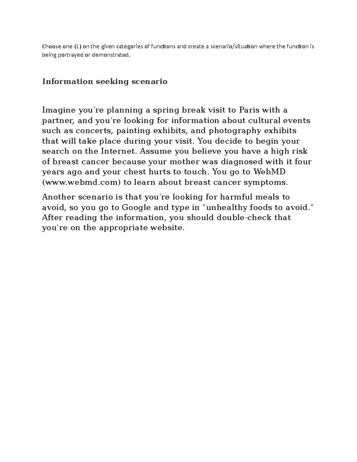 Information seeking scenario - Choose one (1) on the given categories ...